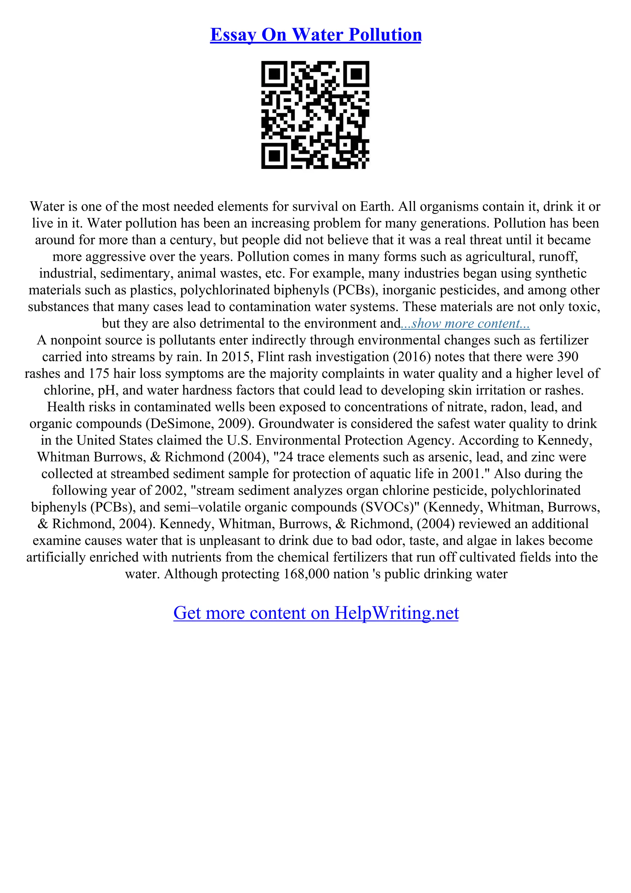 Essay Of Water Pollution | PDF