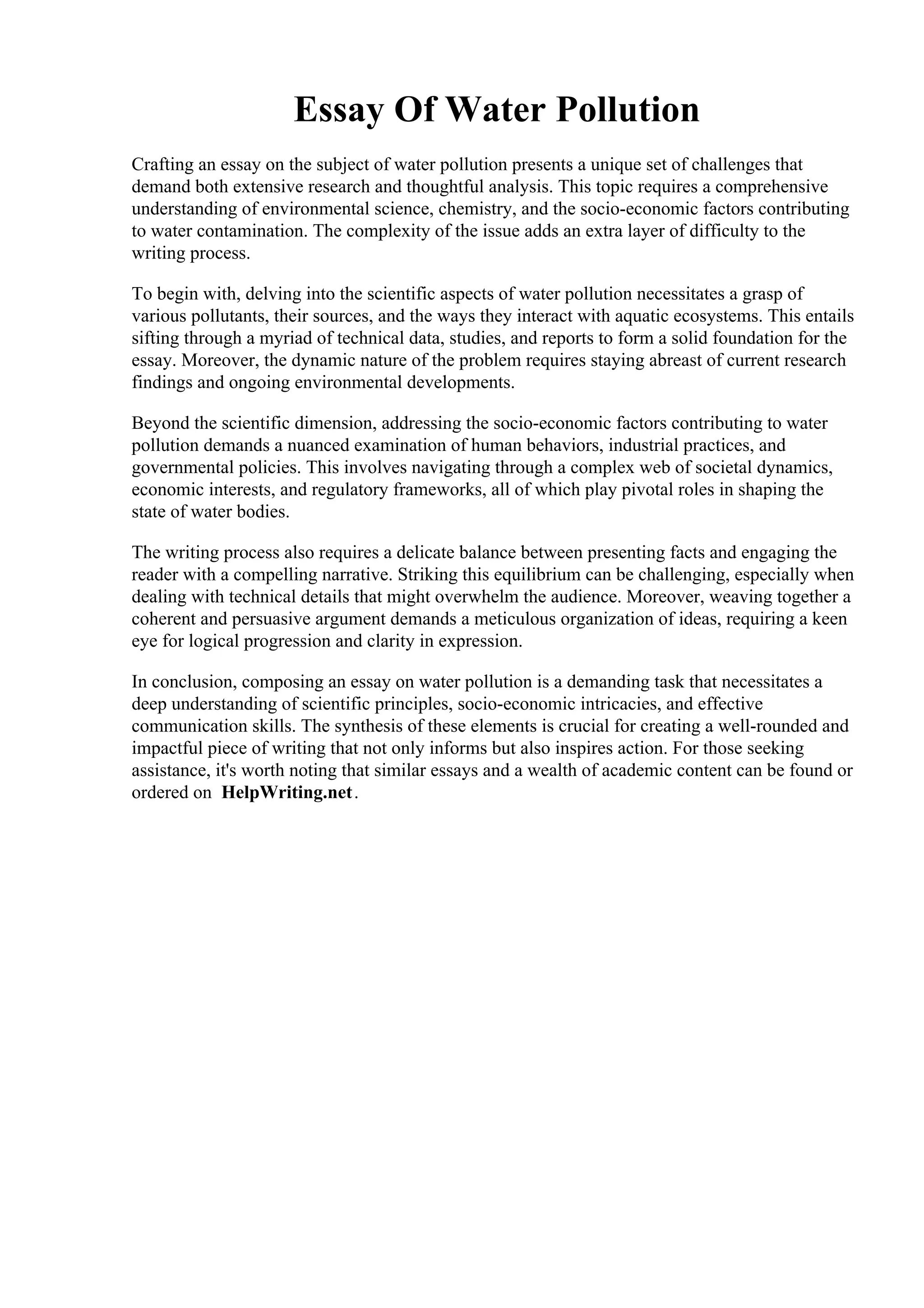 Essay Of Water Pollution. Essay On Water Pollution Short Long | PDF