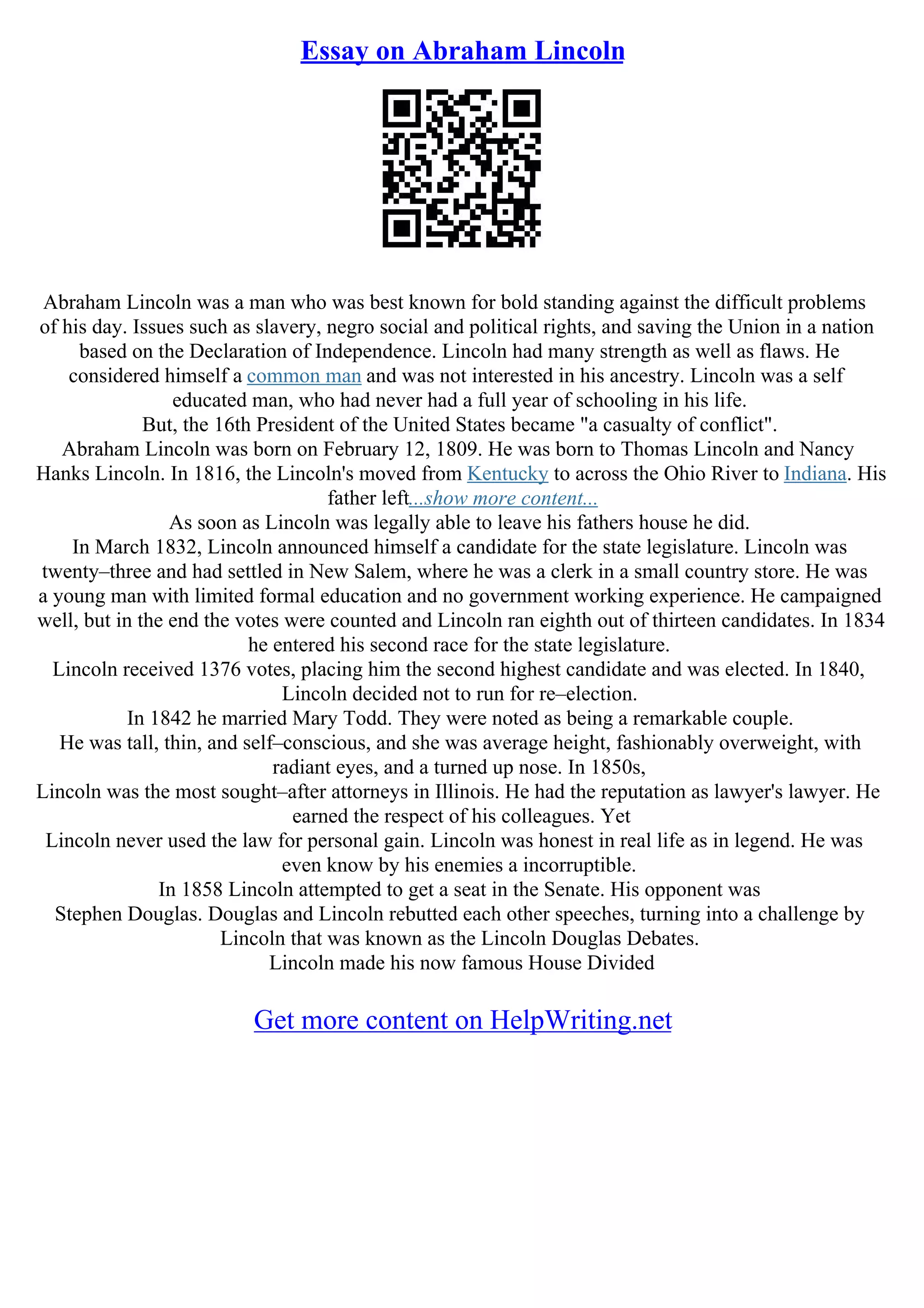 Essay On Abraham Lincoln | PDF