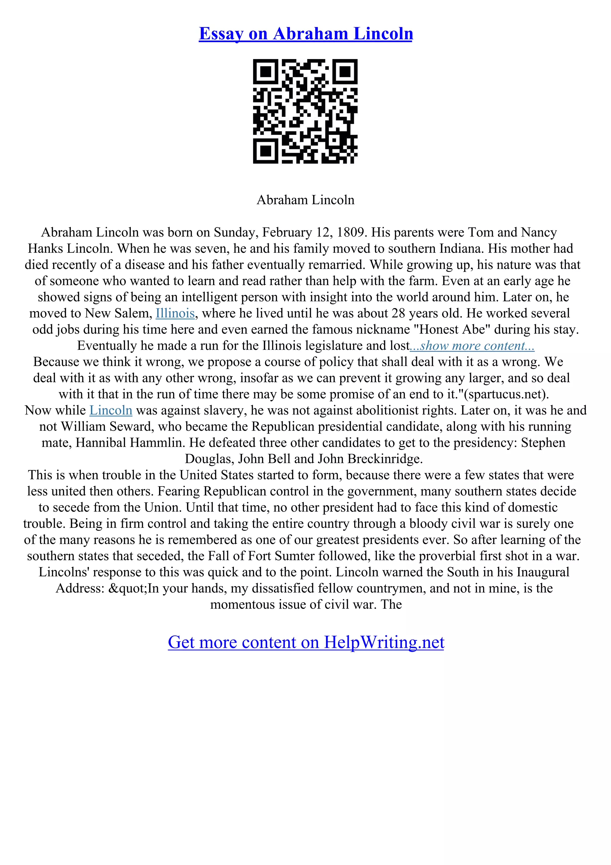 Essay On Abraham Lincoln | PDF