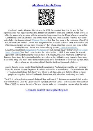 Essay On Abraham Lincoln | PDF