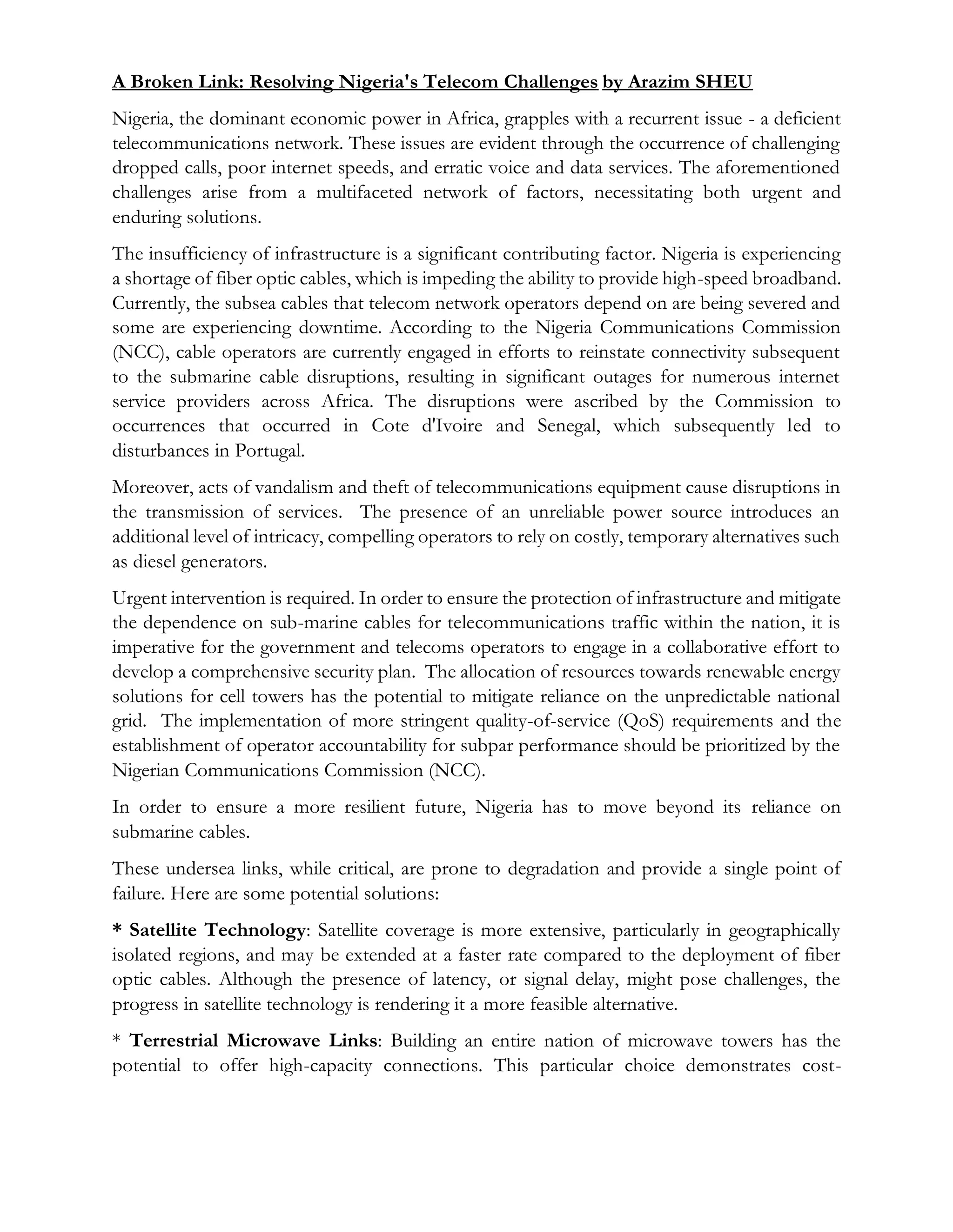 A Broken Link: Resolving Nigeria's Telecom Challenges by Arazim SHEU | PDF