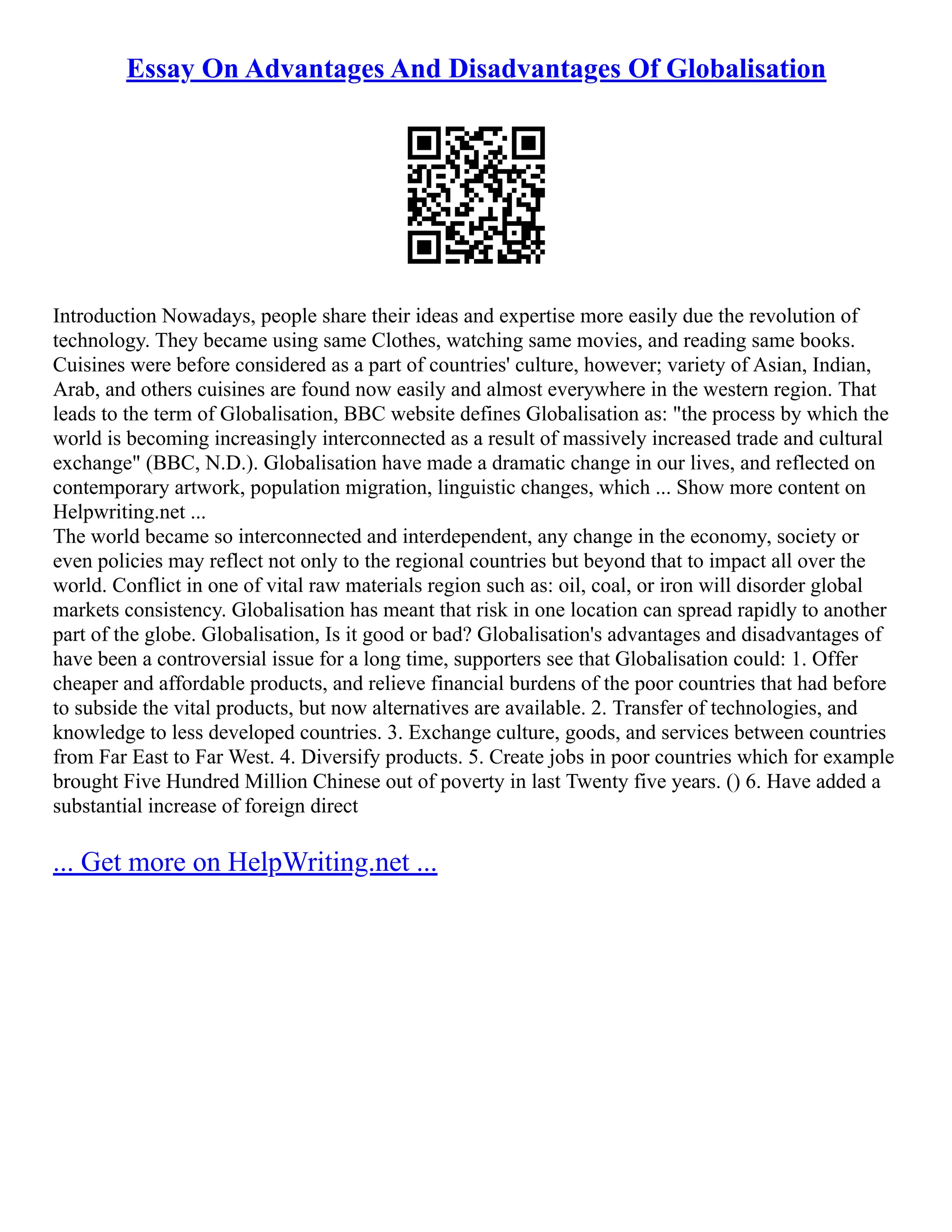 Essay On Advantages And Disadvantages Of Globalisation | PDF | Geography | Science