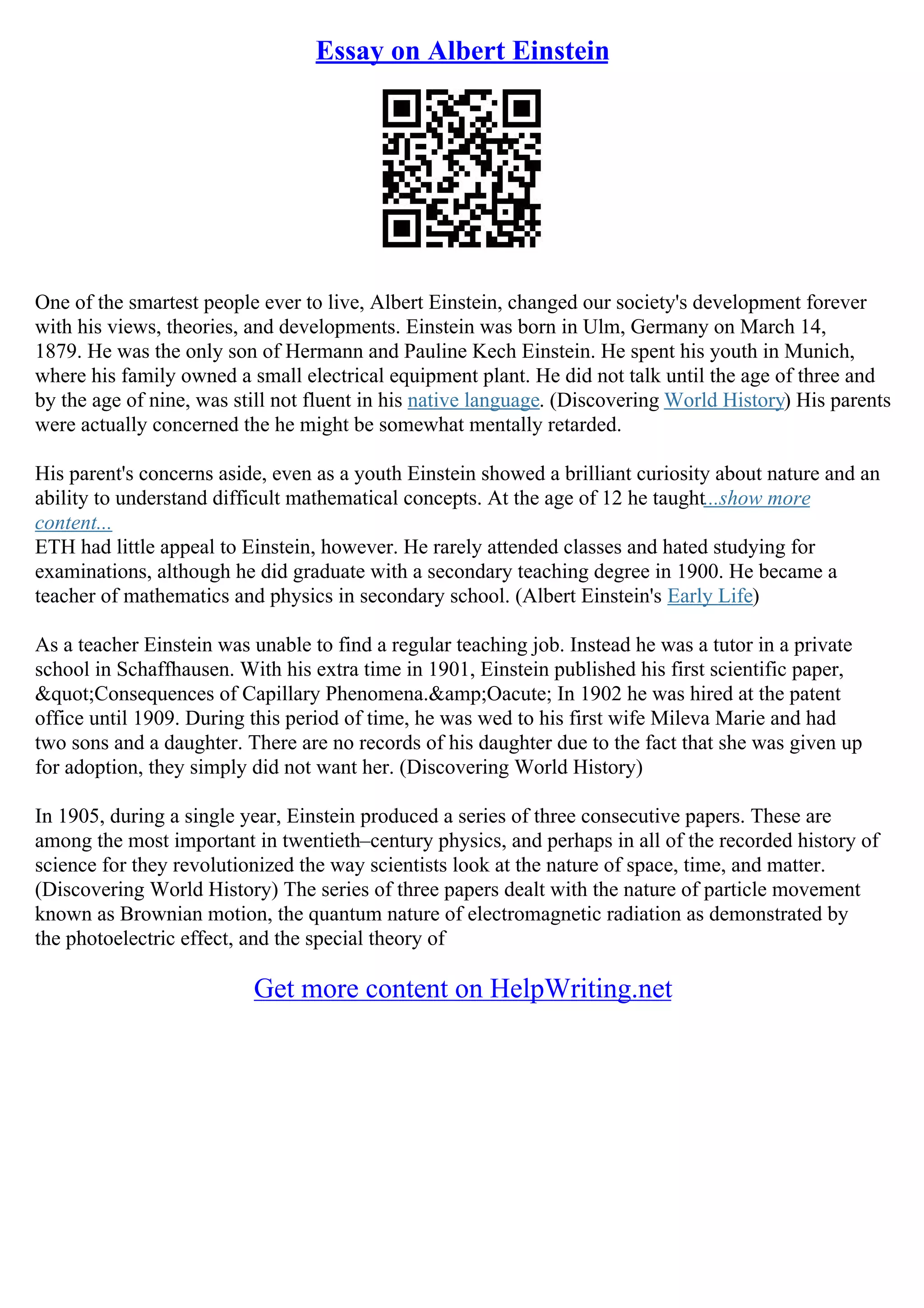 Essay On Albert Einstein | PDF | Physics | Science