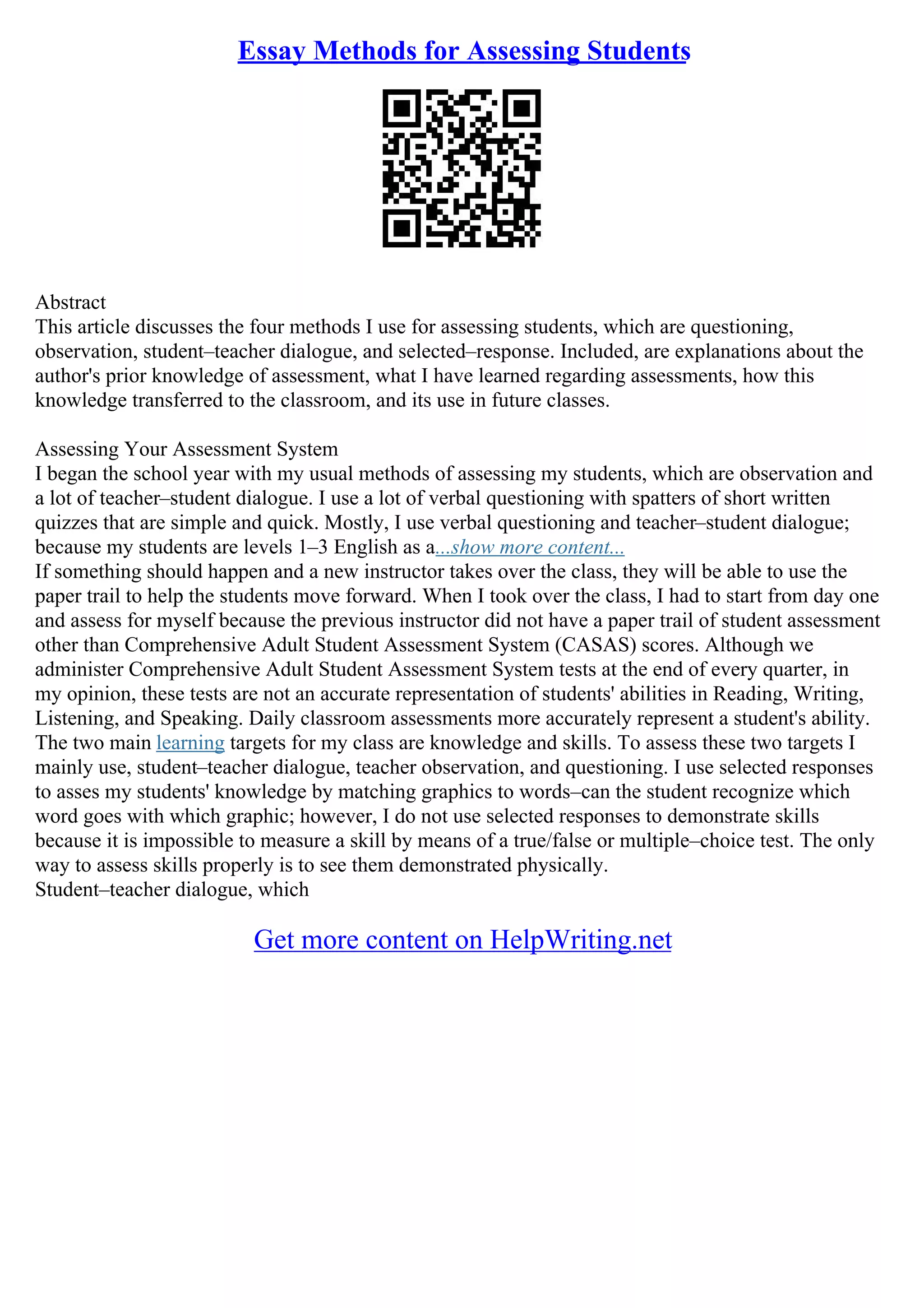 Essay On Assessment For Learning | PDF