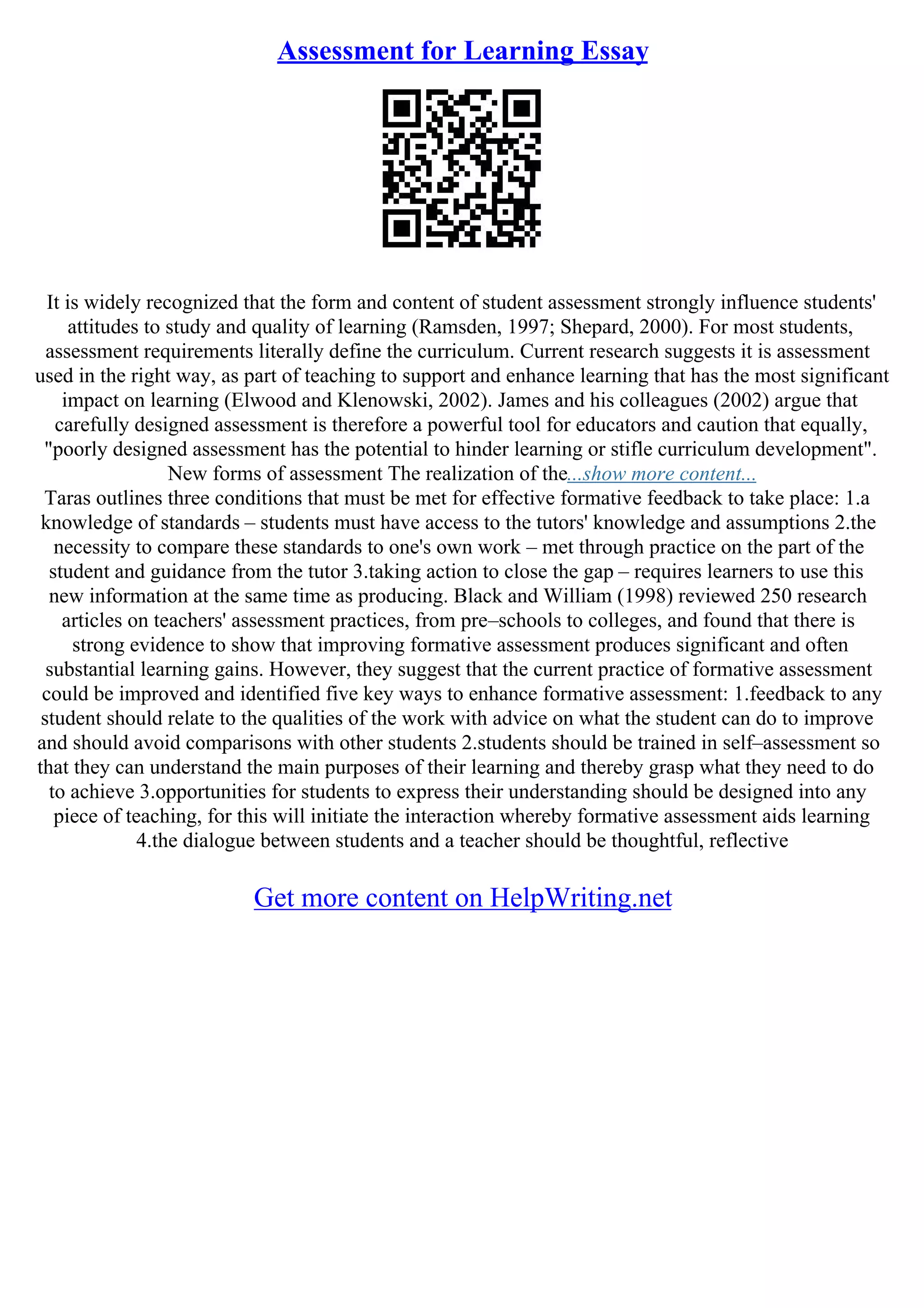 Essay On Assessment For Learning | PDF