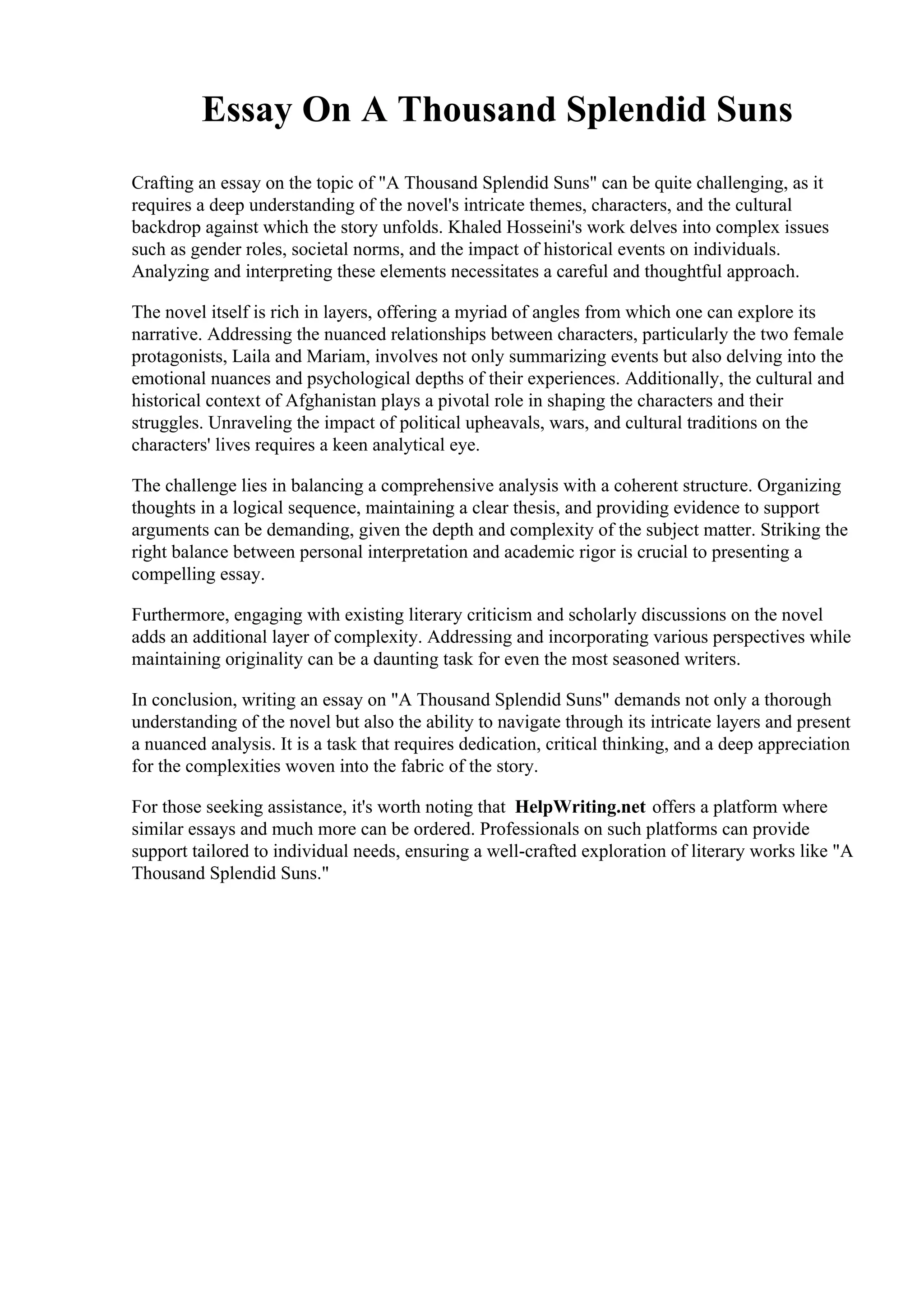 Essay On A Thousand Splendid Suns. Pioneer Pacific College | PDF