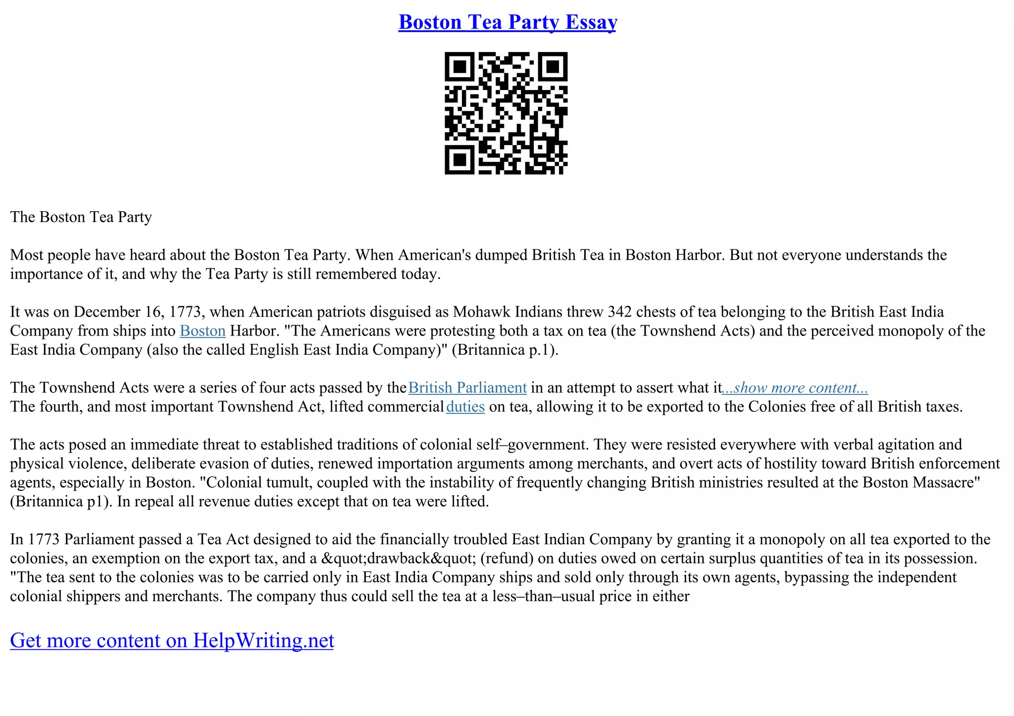 Essay On Boston Tea Party | PDF