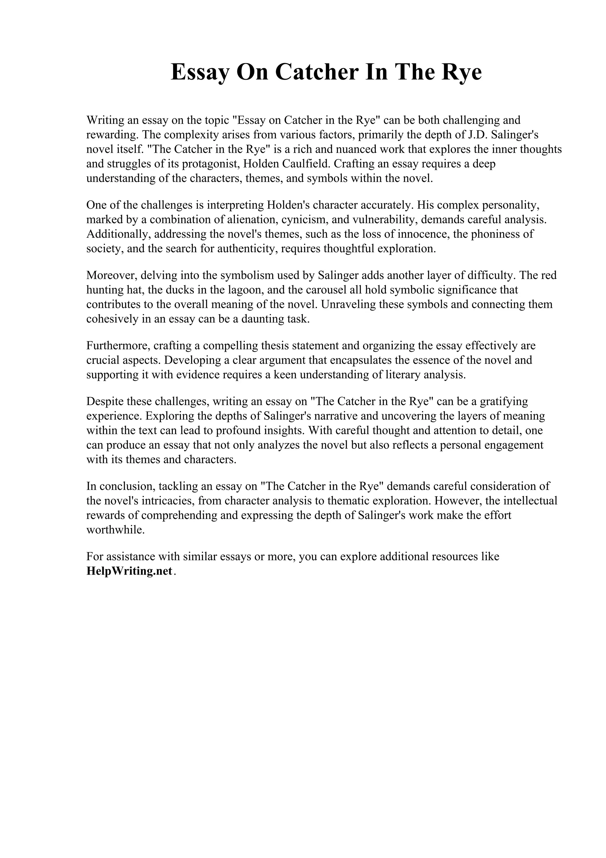 Essay On Catcher In The Rye | PDF | Fiction | Books and Literature