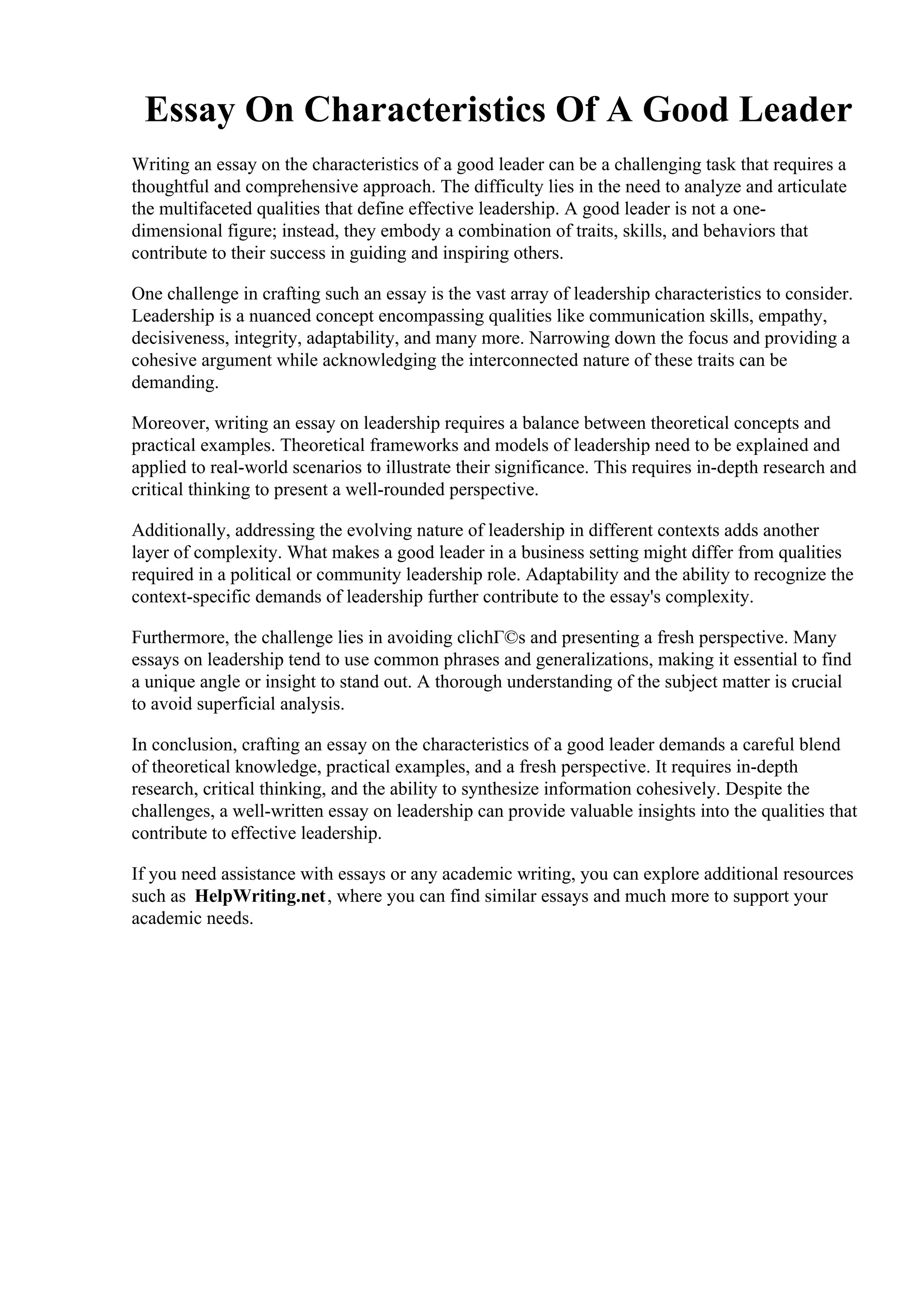 Essay On Characteristics Of A Good Leader | PDF