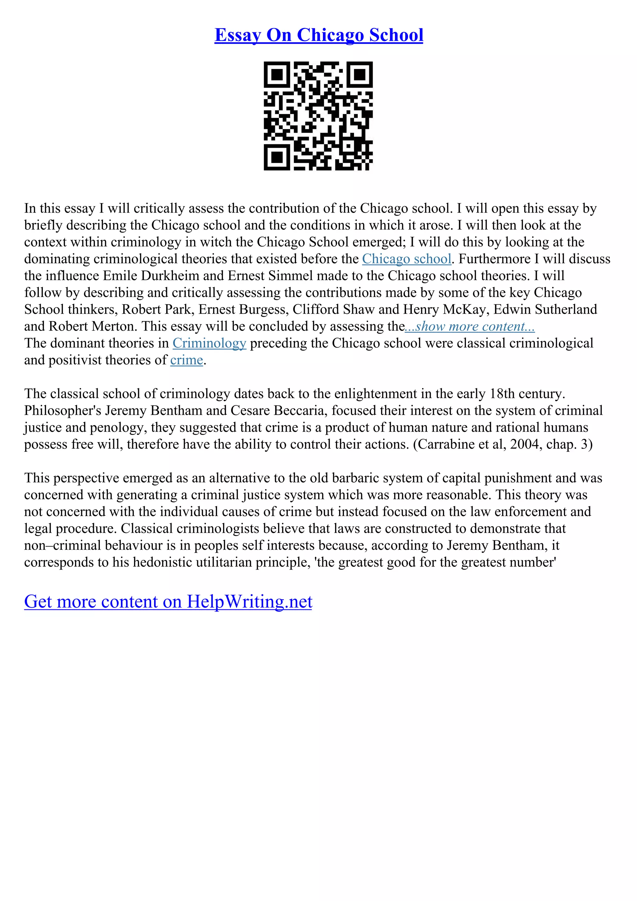 Essay On Chicago School | PDF