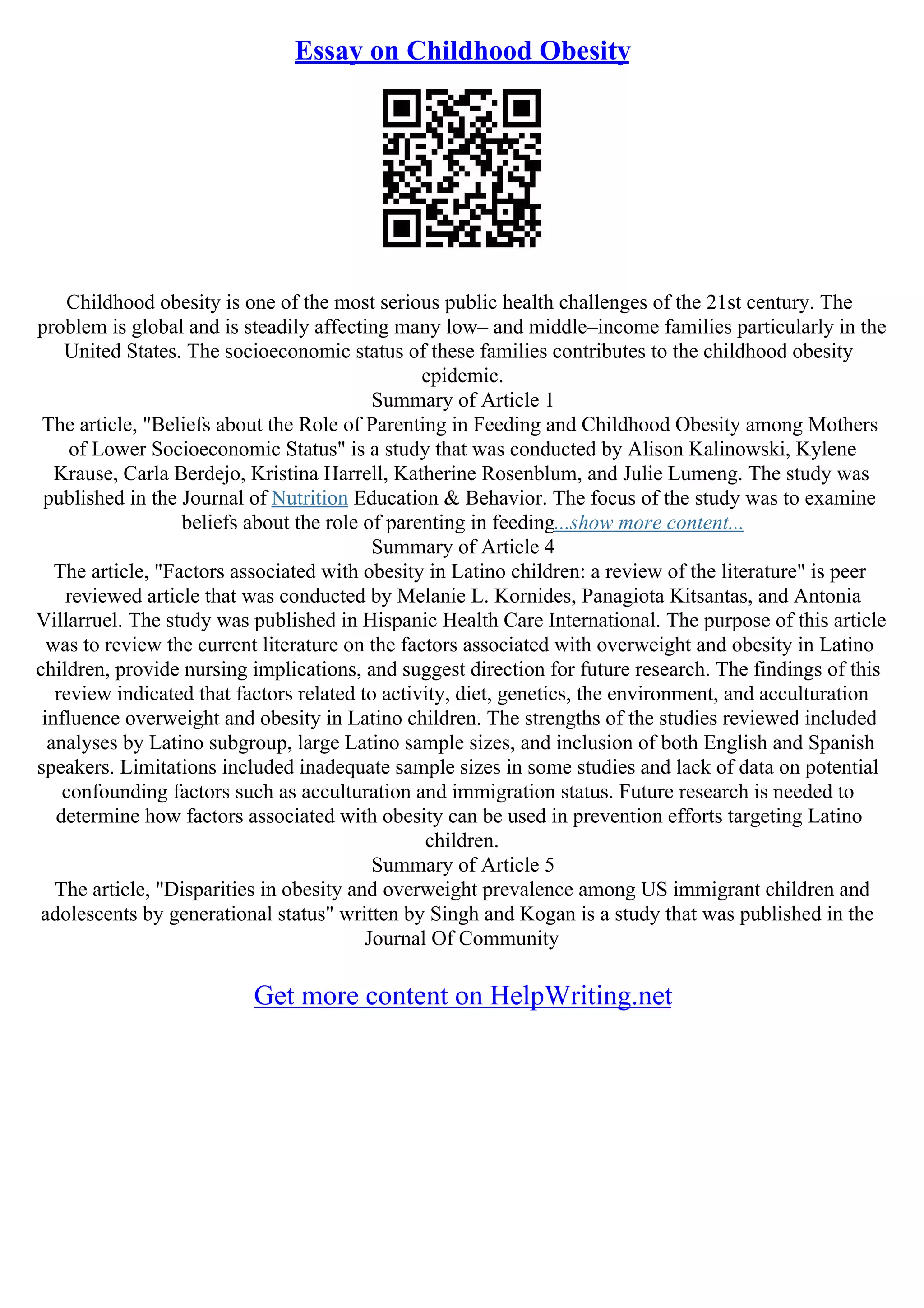 Essay On Childhood Obesity | PDF