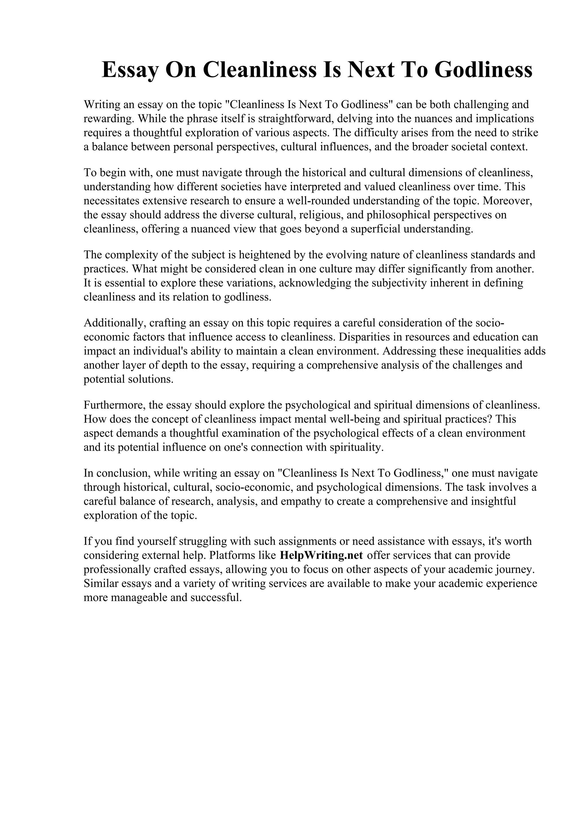 Essay On Cleanliness Is Next To Godliness | PDF