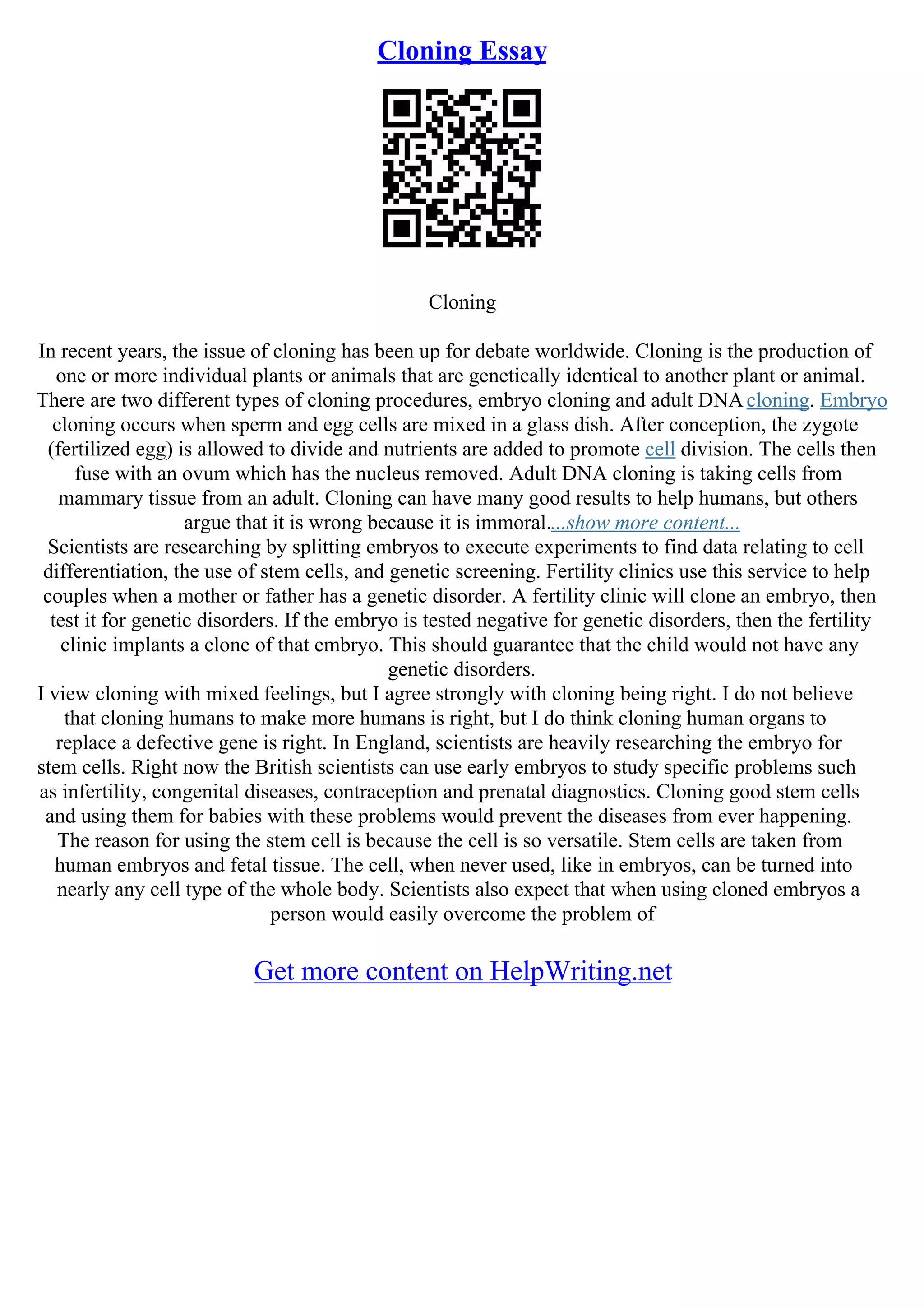Essay On Cloning | PDF