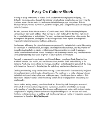 Essay On Culture Shock. Culture Shock Essay MGM 3101 - Principles Of ...
