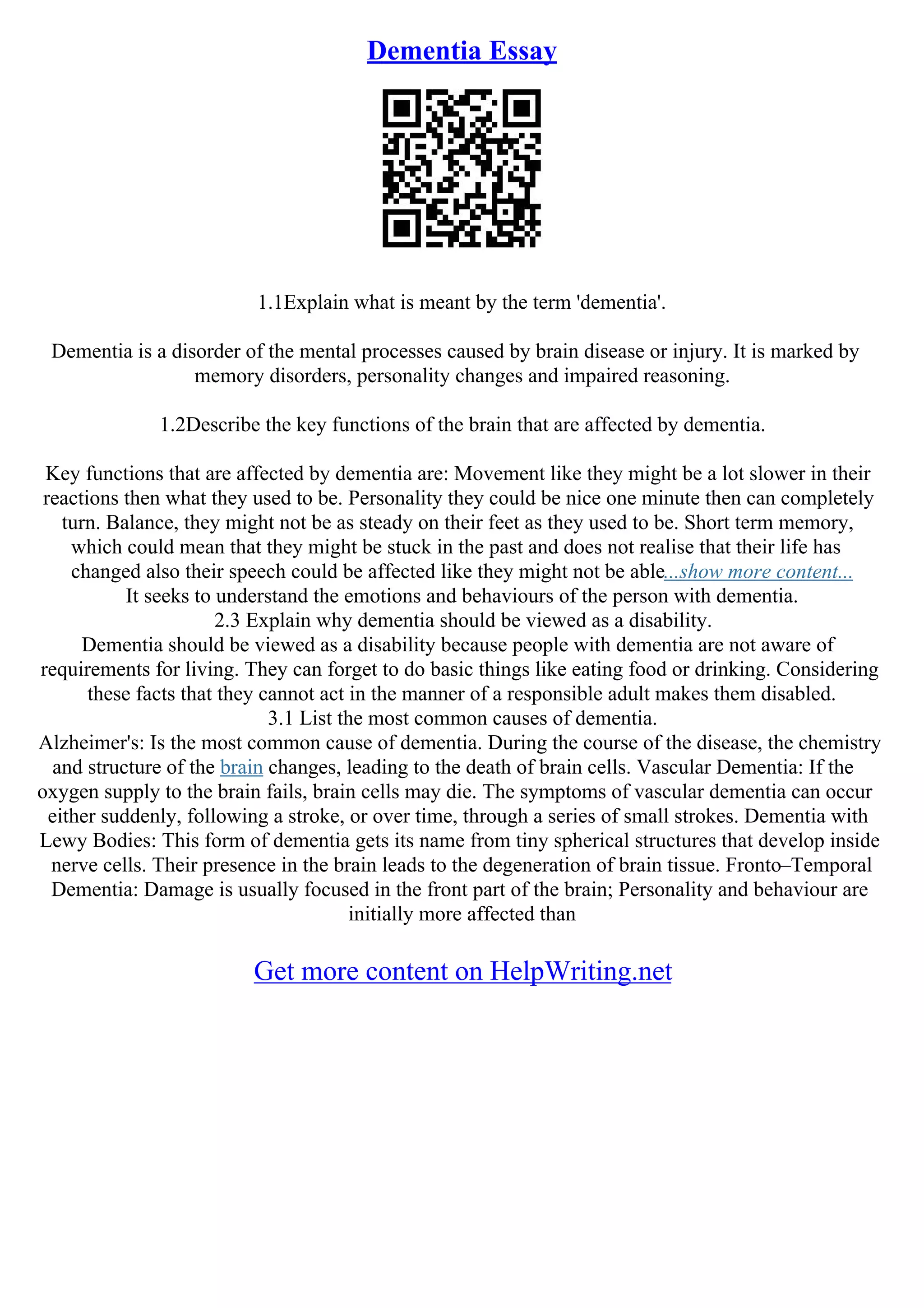 Essay On Dementia | PDF