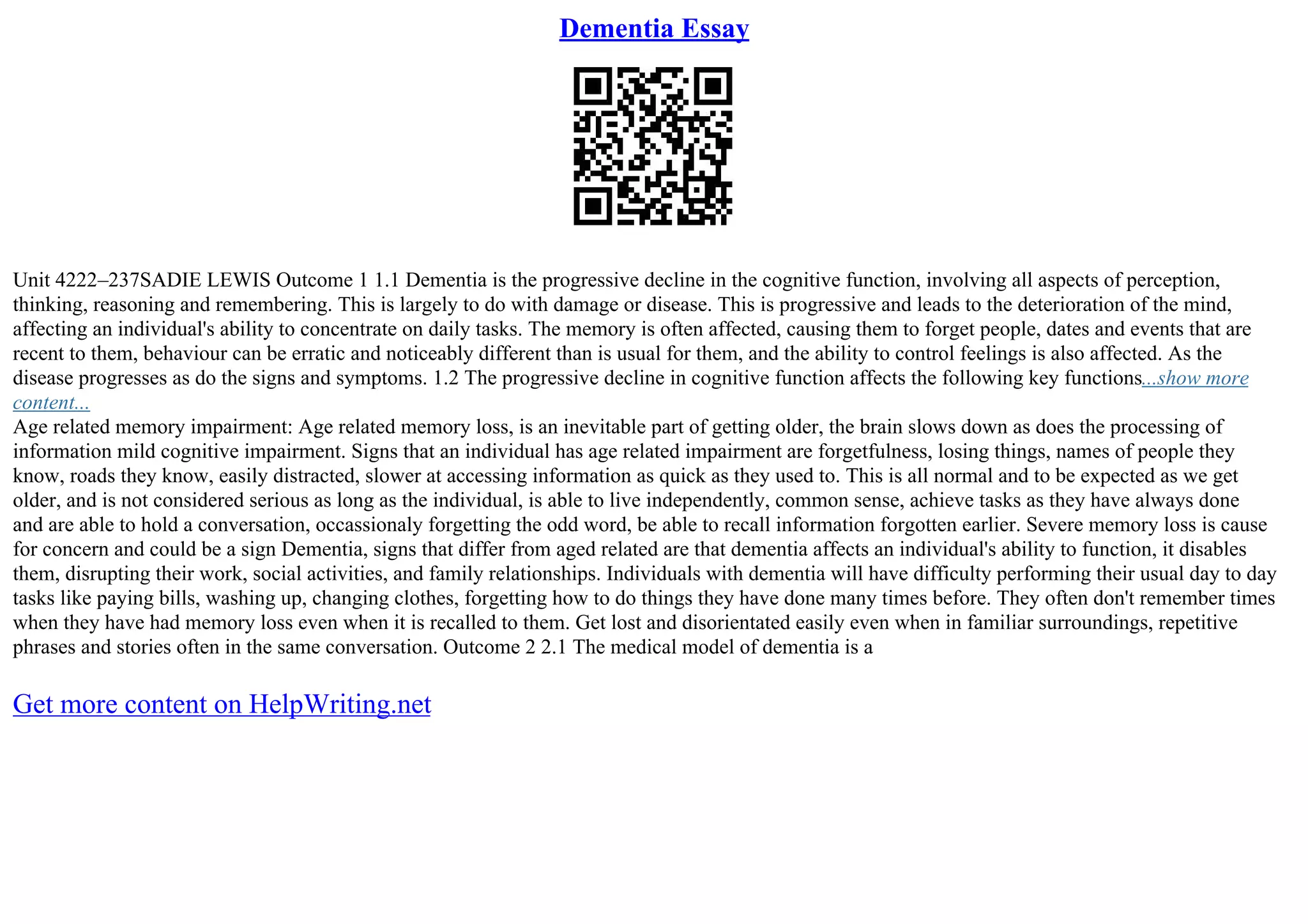 Essay On Dementia | PPT