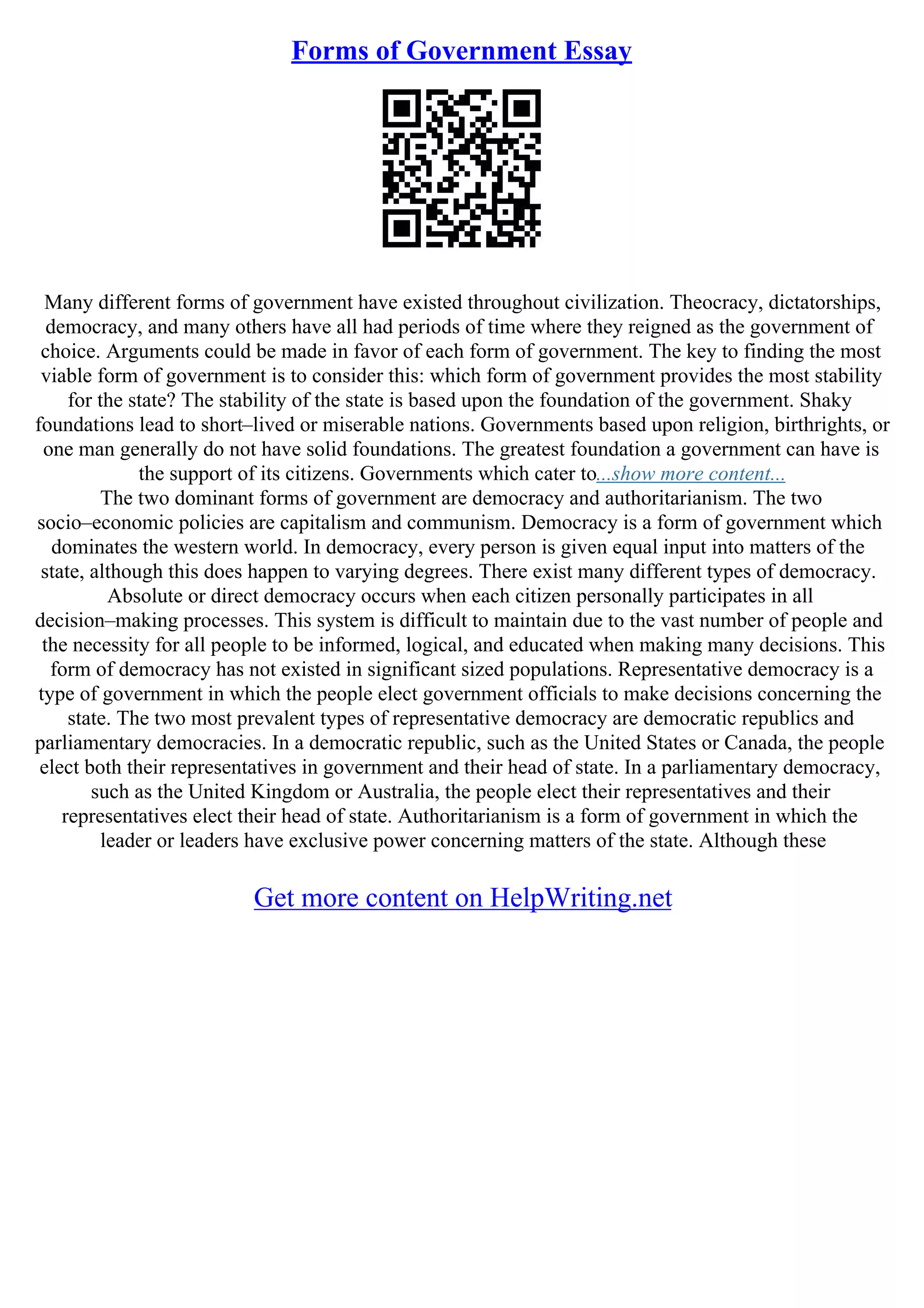 Essay On Democracy Is The Best Form Of Government | PDF