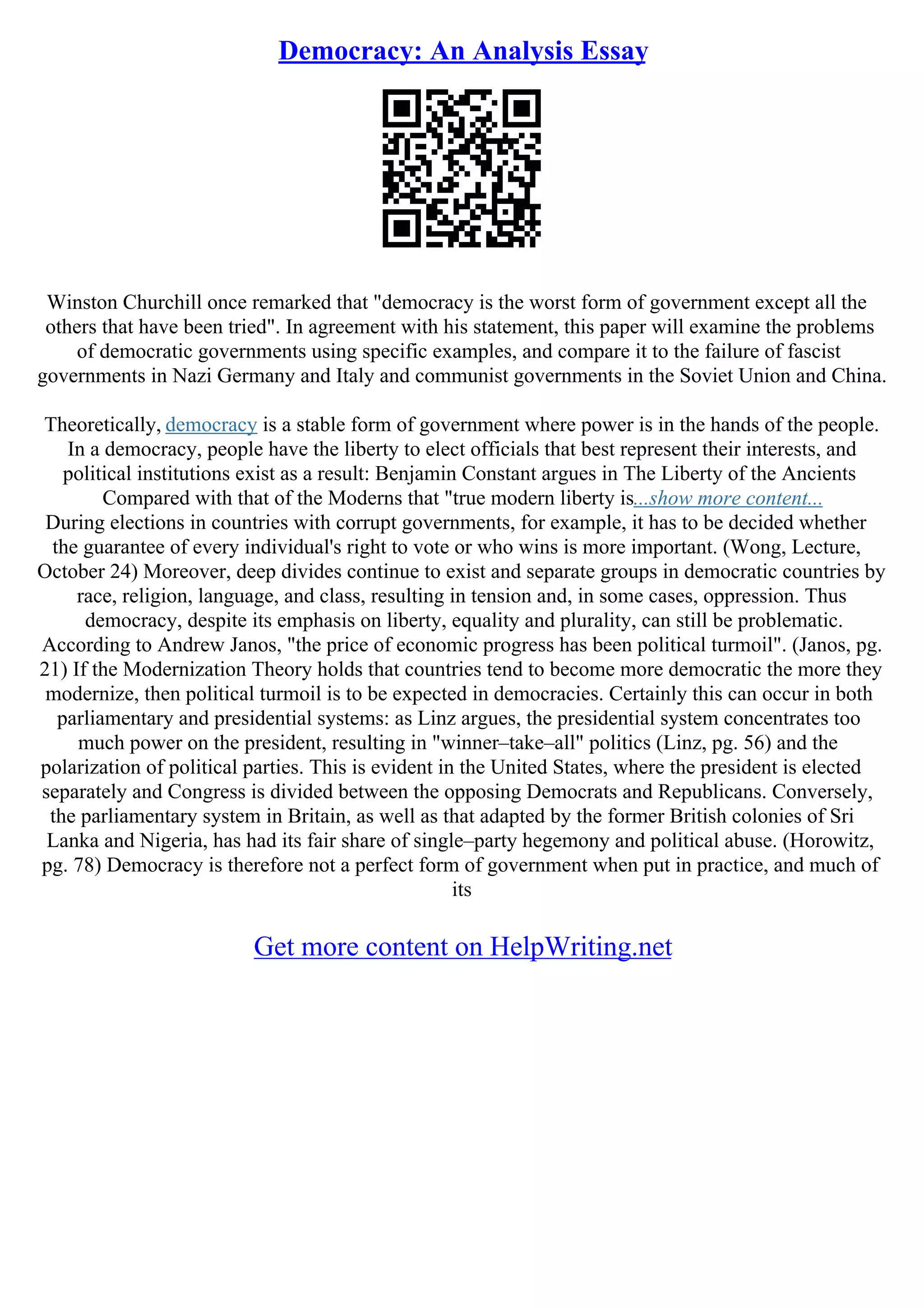 Essay On Democracy Is The Best Form Of Government | PDF