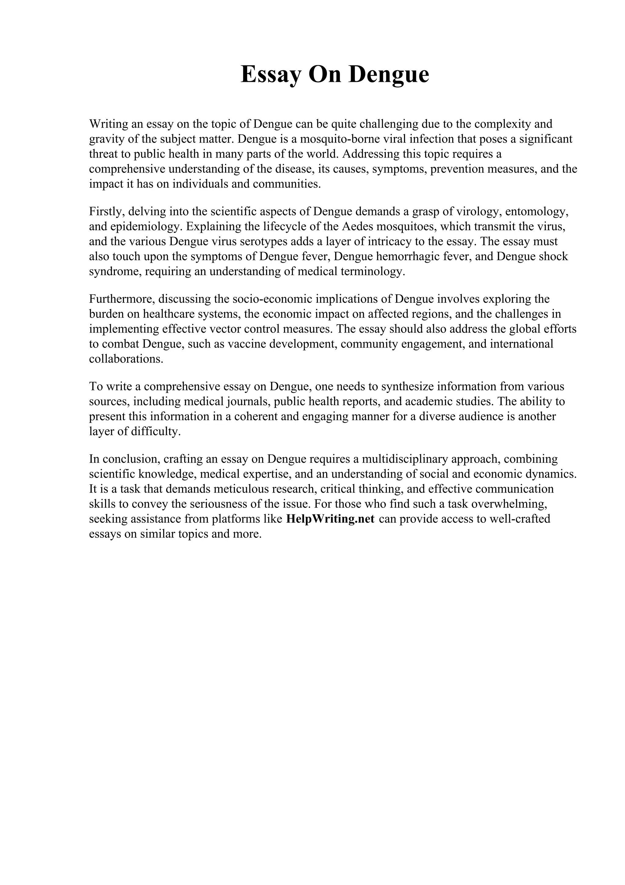 Essay On Dengue. College of Business and Technology | PDF