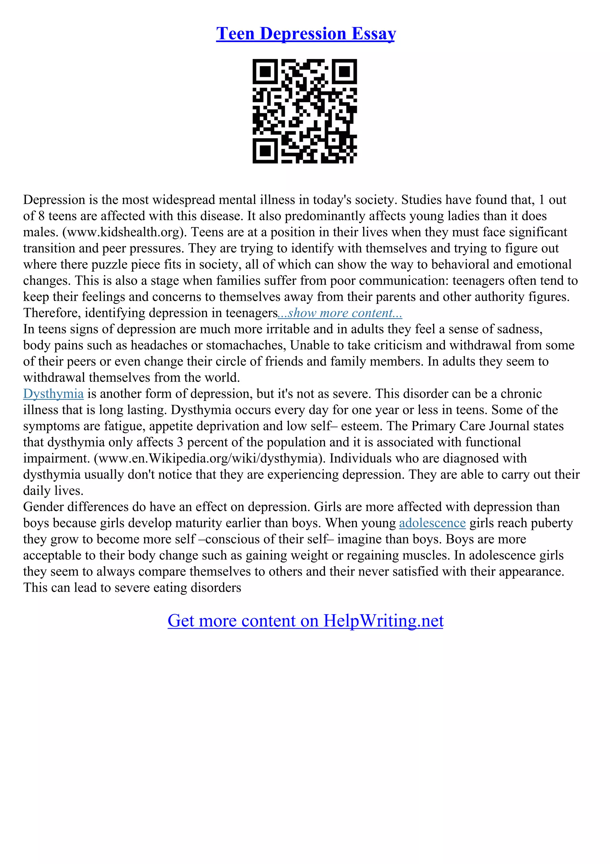 Essay On Depression | PDF | Mental Health | Diseases and Conditions