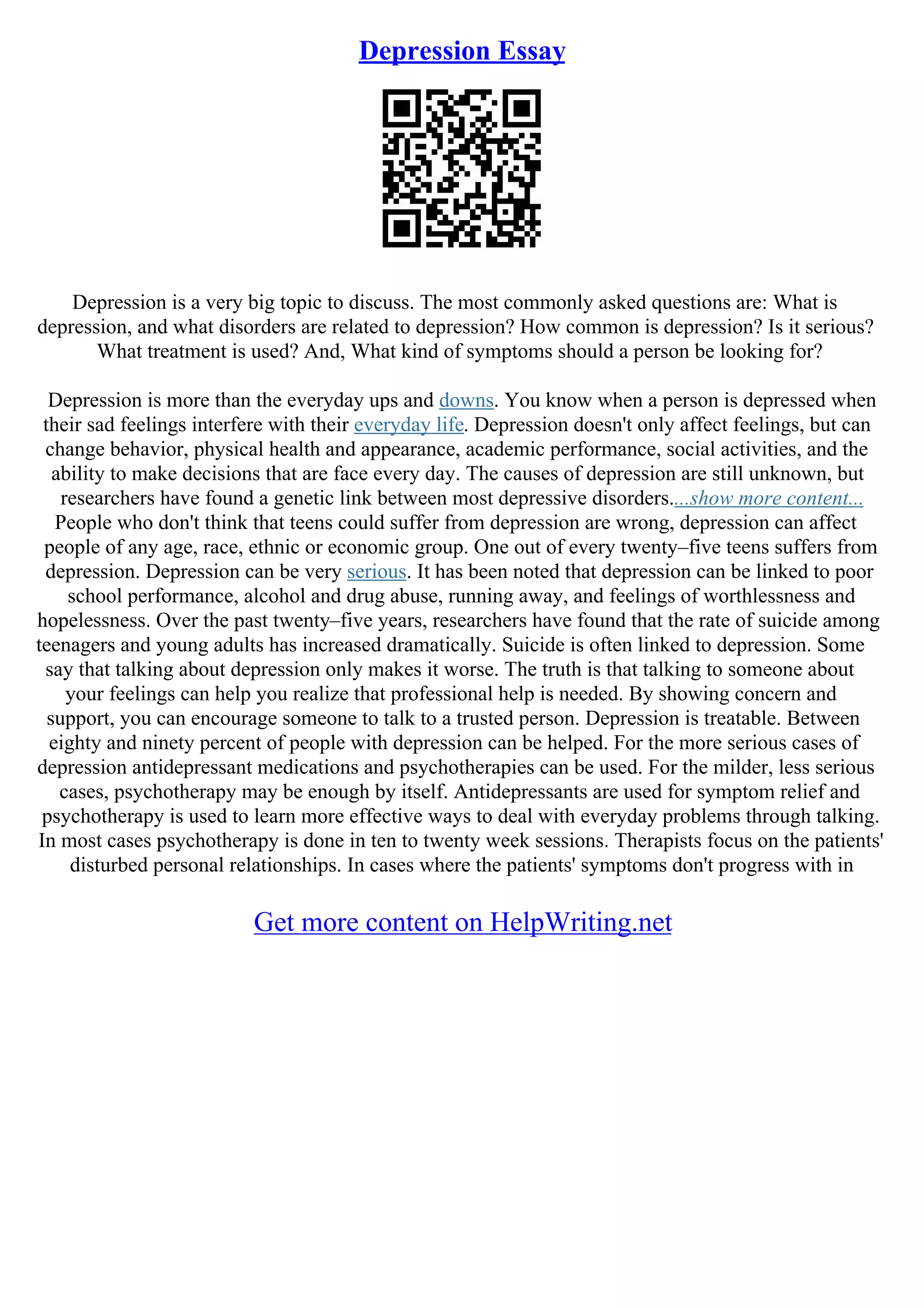 Essay On Depression | PDF | Mental Health | Diseases and Conditions