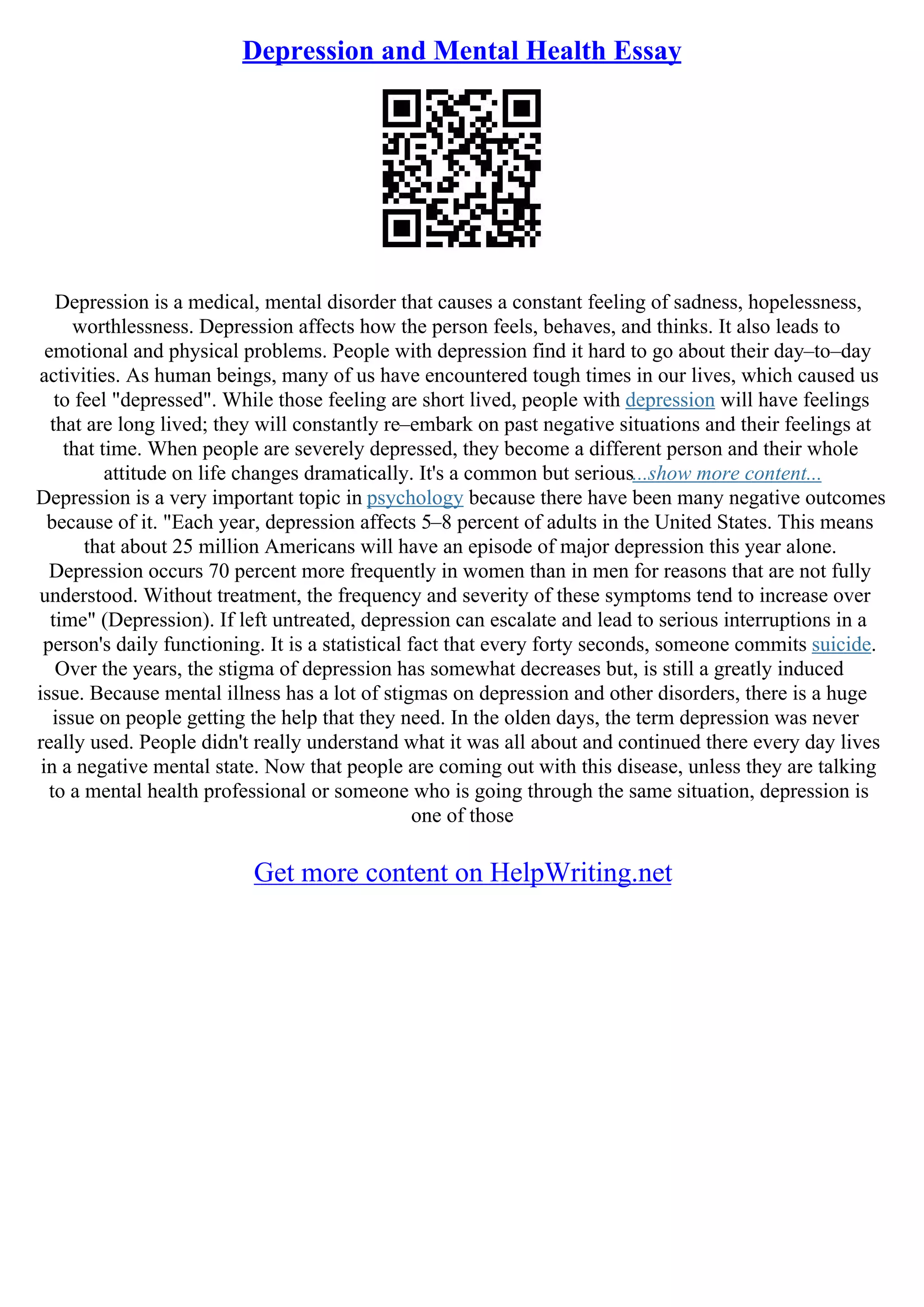 Essay On Depression | PDF | Mental Health | Diseases and Conditions