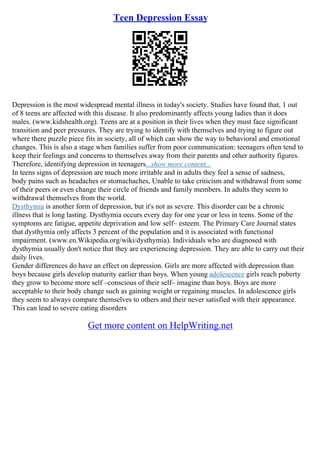 Essay On Depression | PDF | Mental Health | Diseases and Conditions