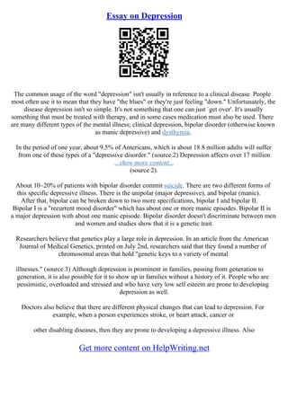 Essay On Depression | PDF | Mental Health | Diseases and Conditions