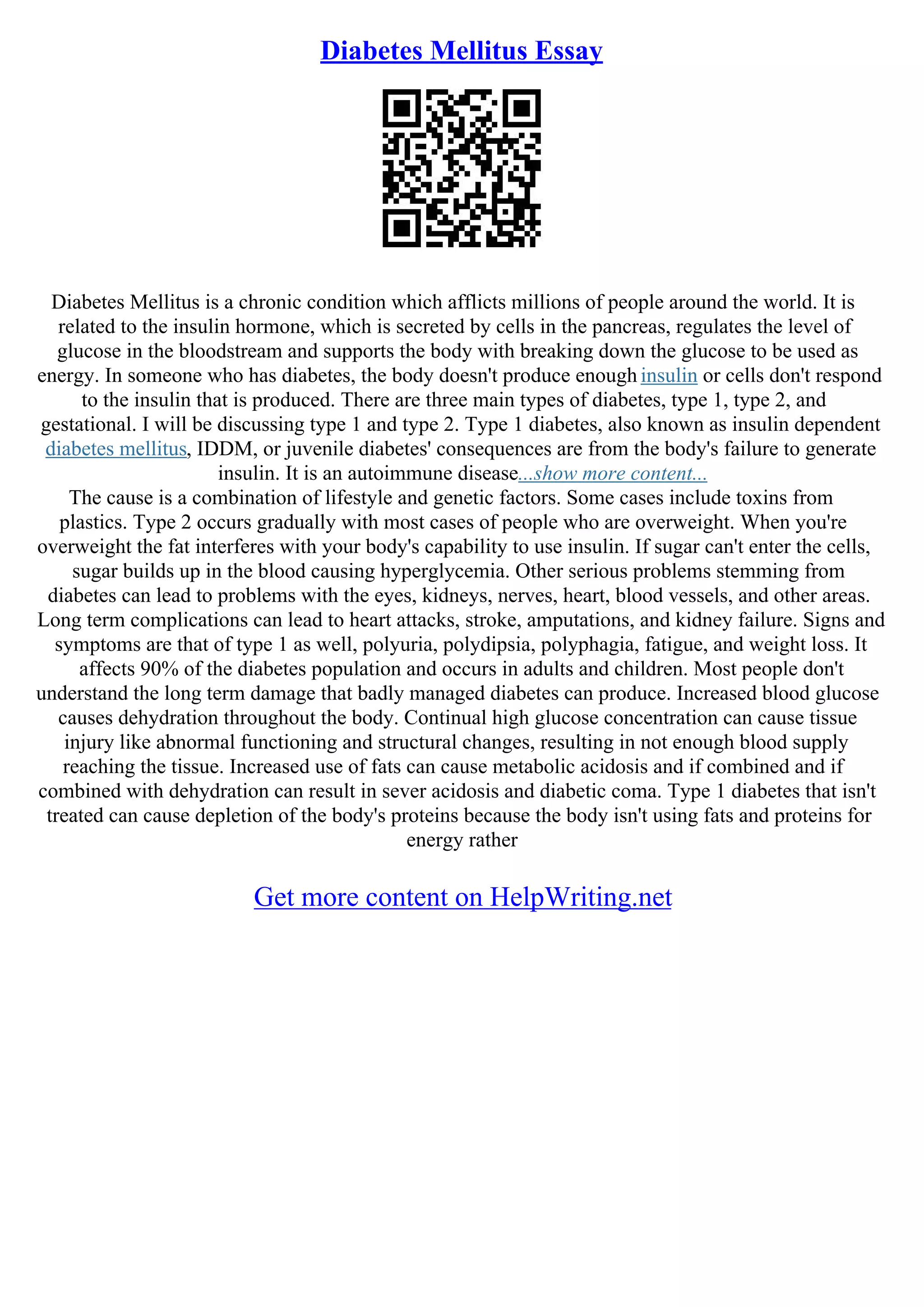 Essay On Diabetes | PDF