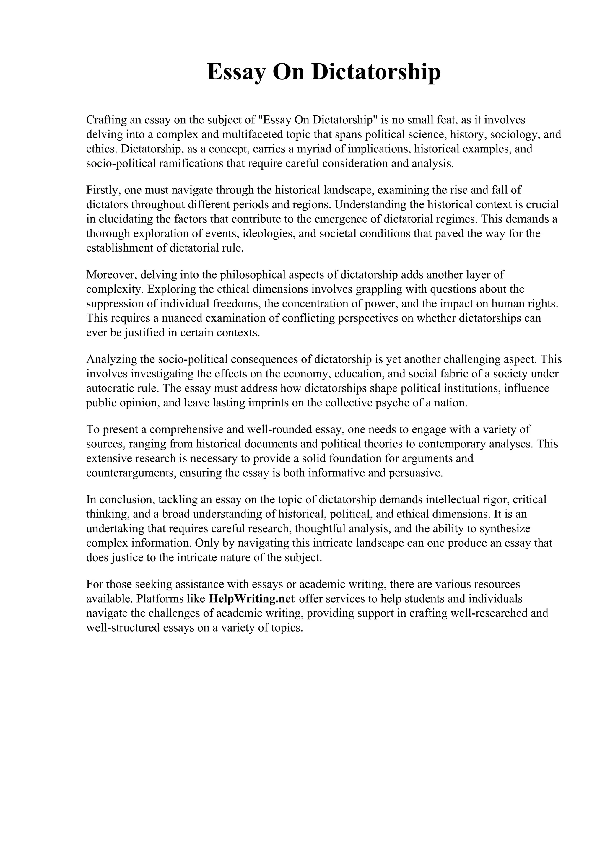 Essay On Dictatorship. Gogebic Community College | PDF