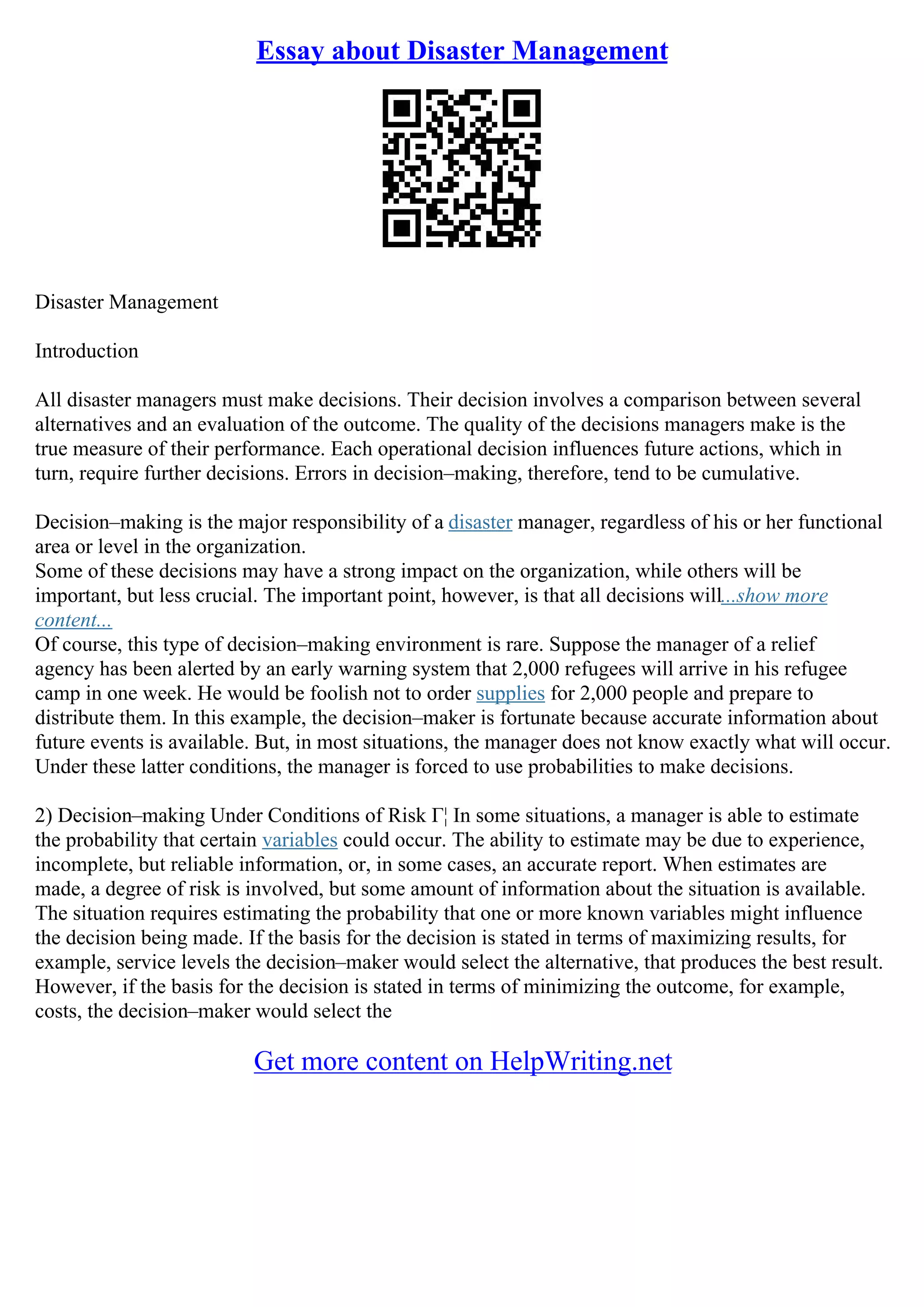 Essay On Disaster Management | PDF