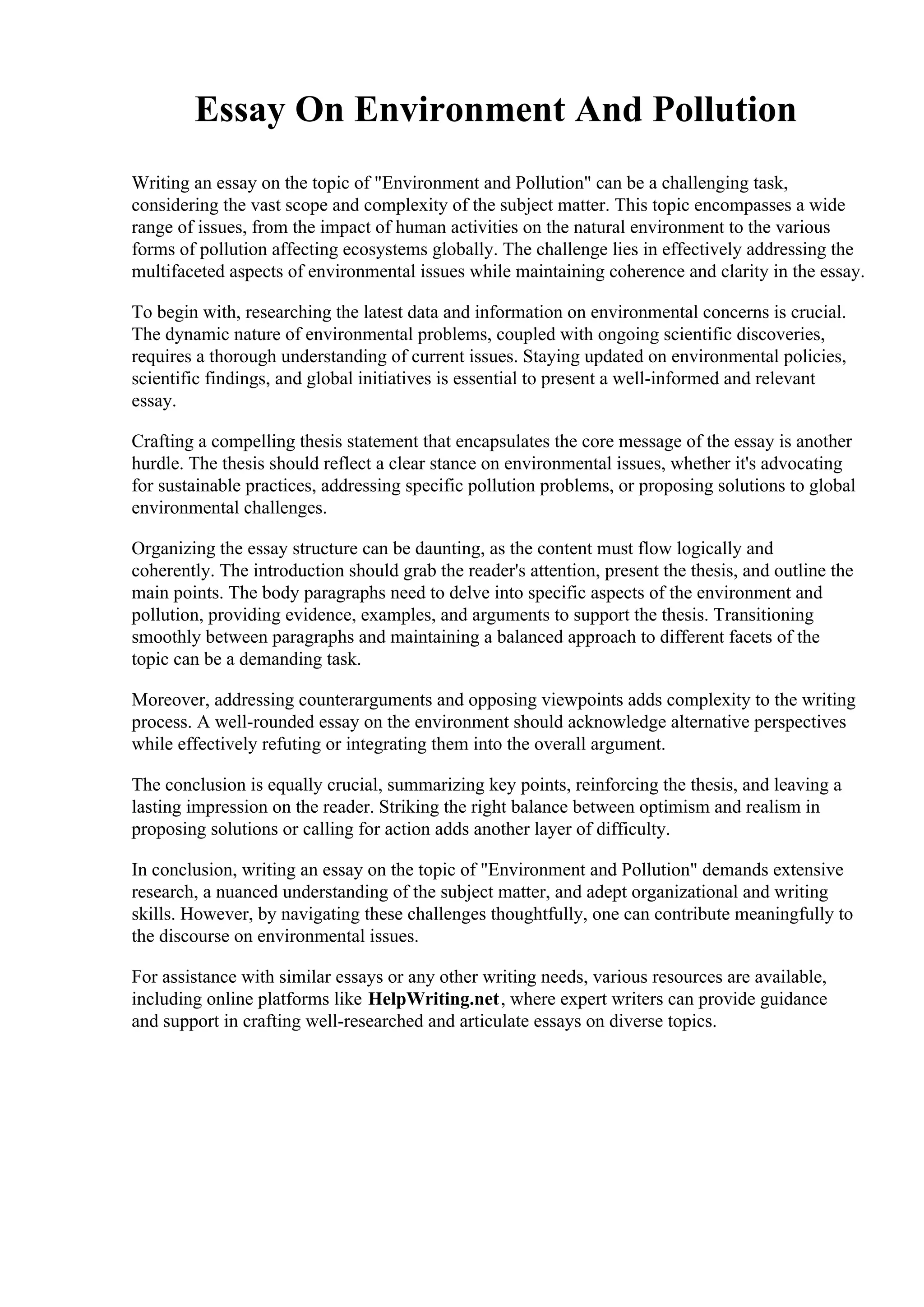 Essay On Environment And Pollution | PDF