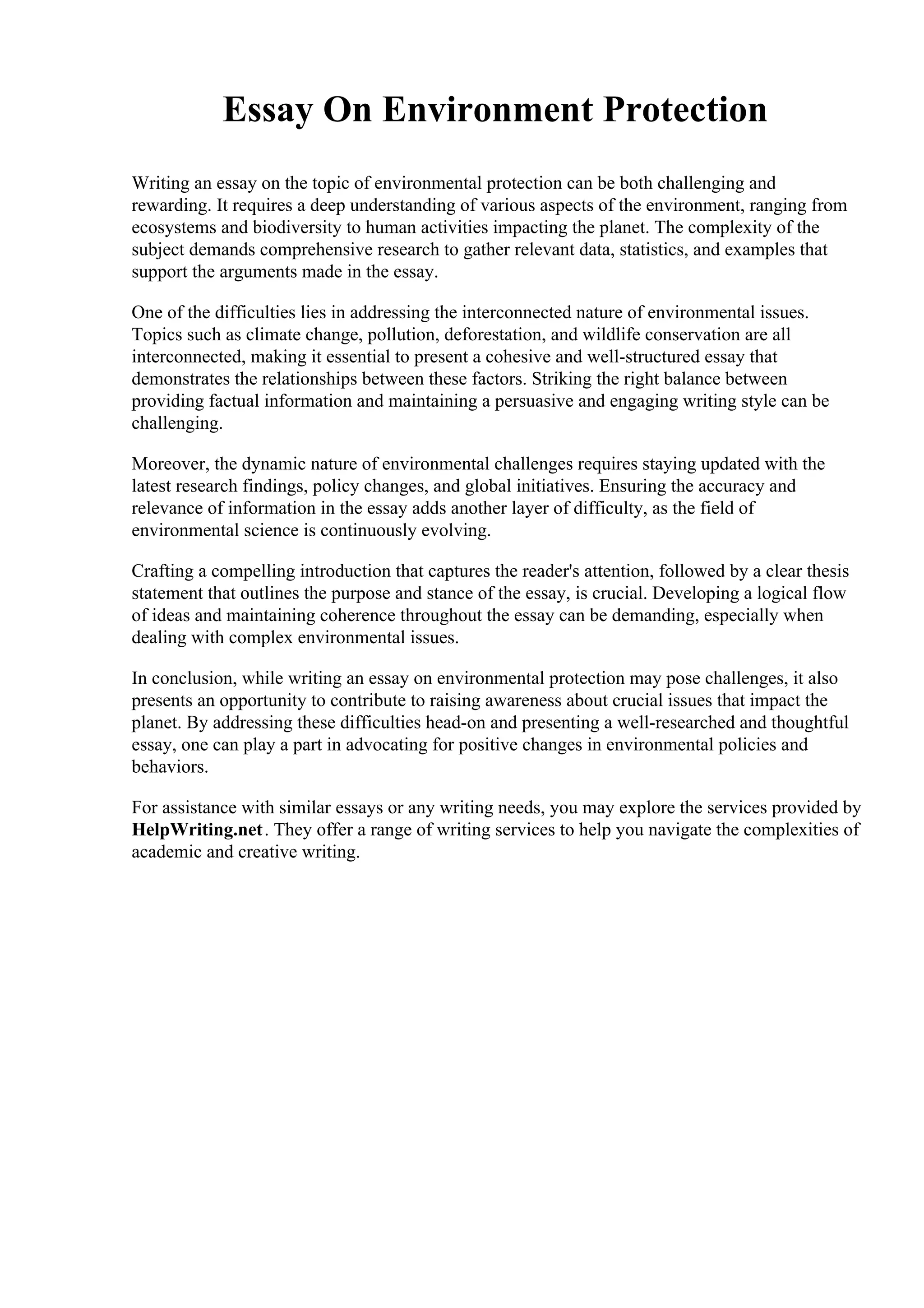 Essay On Environment Protection. Bethany Lutheran College | PDF