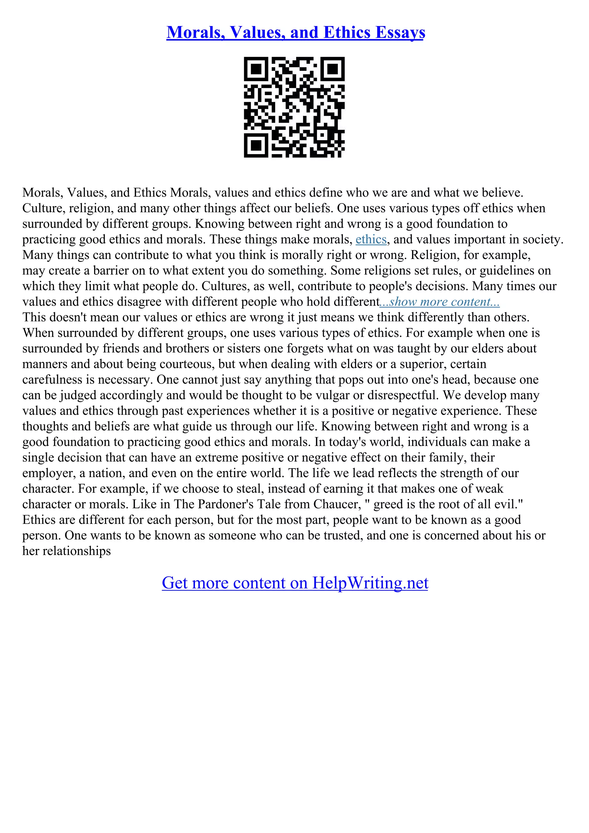 Essay On Ethics And Values | PDF