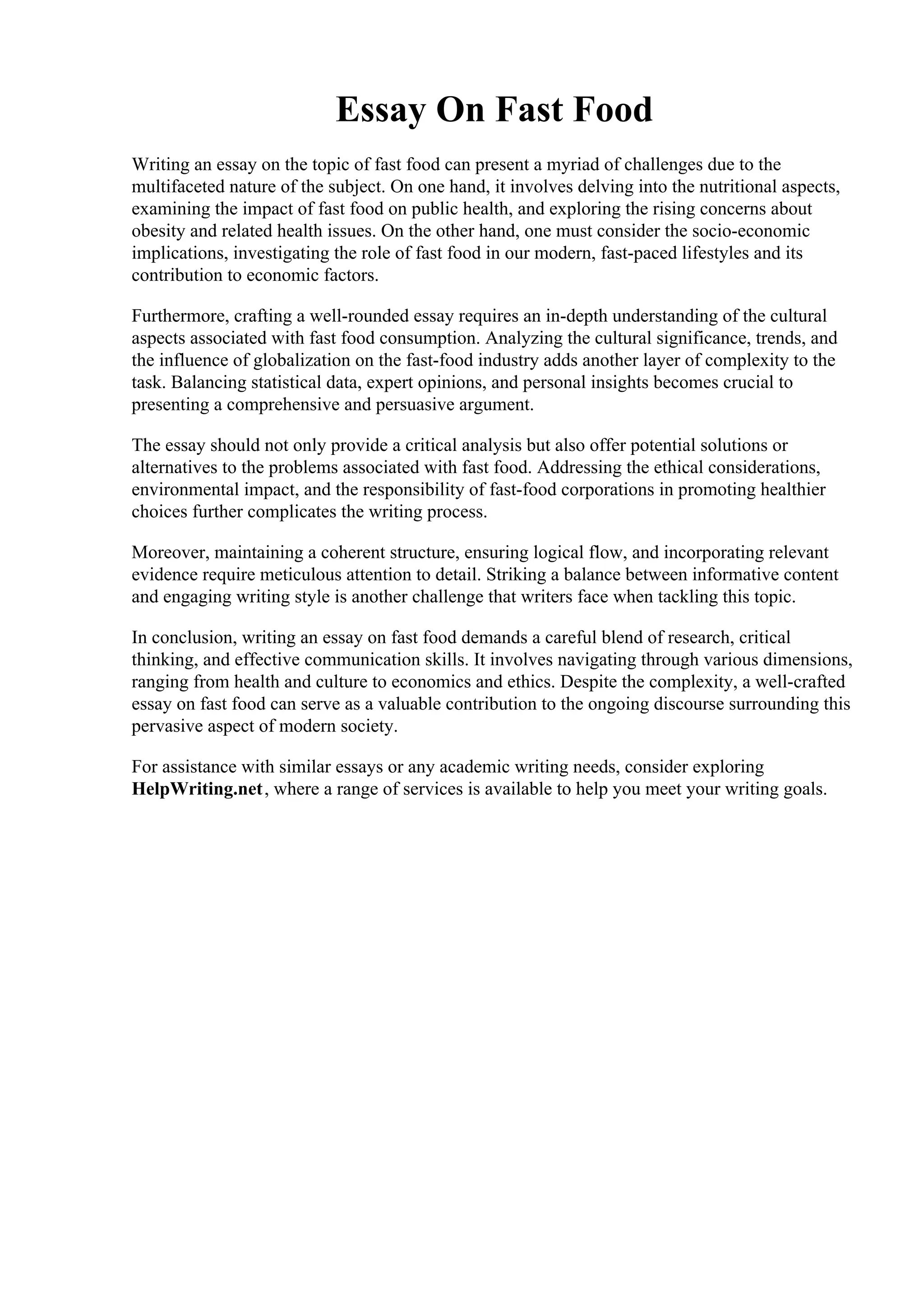 Essay On Fast Food. Argumentative Essay on Harmful Effects of Fast Food ...