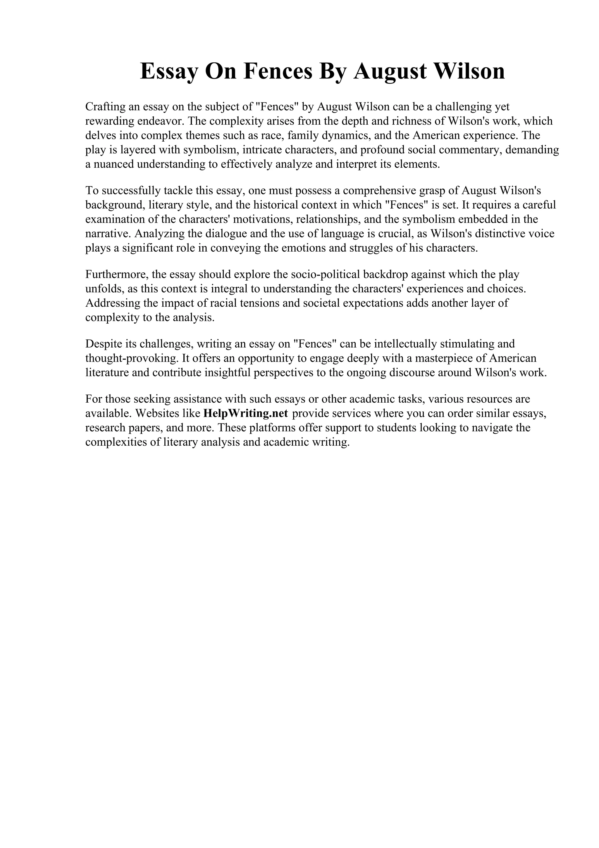 Essay On Fences By August Wilson | PDF