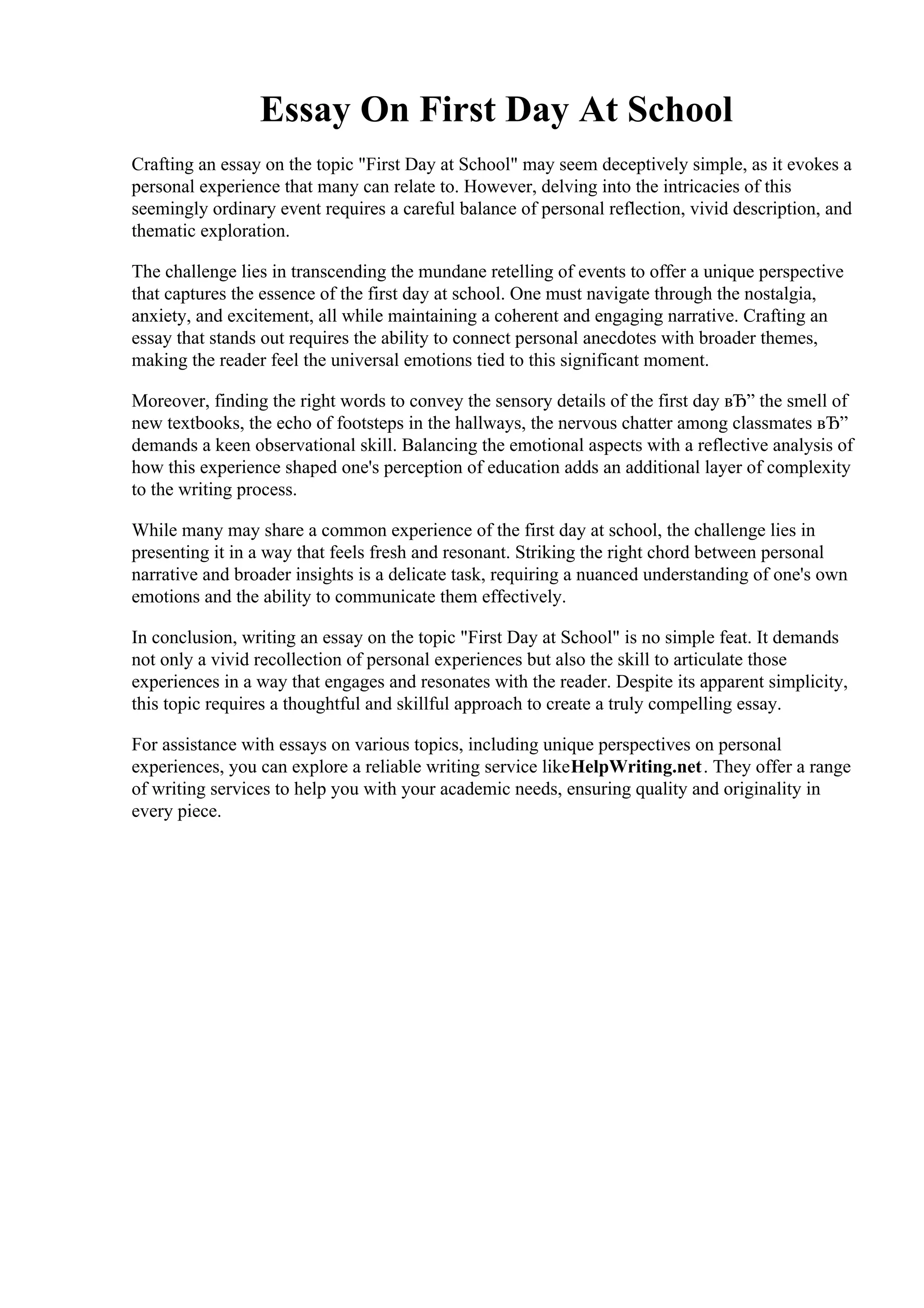 Essay On First Day At School. First Day of School - GCSE English ...