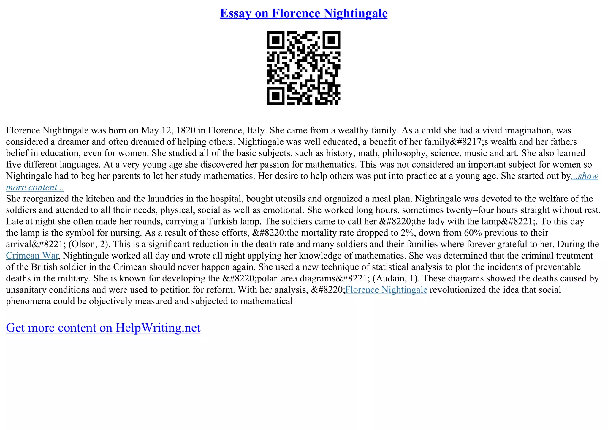 Essay On Florence Nightingale | PDF