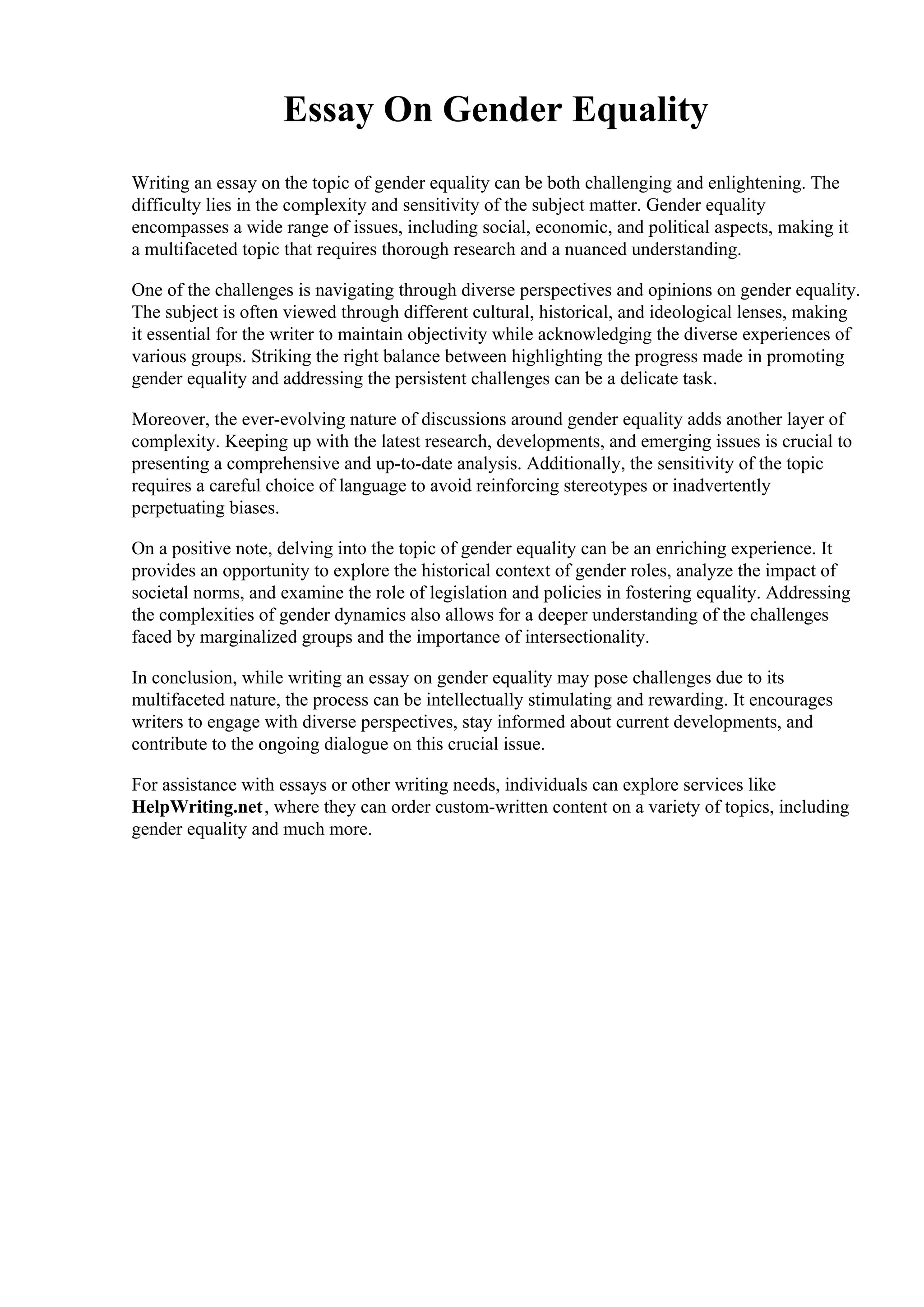 Essay On Gender Equality. Central Arizona College | PDF