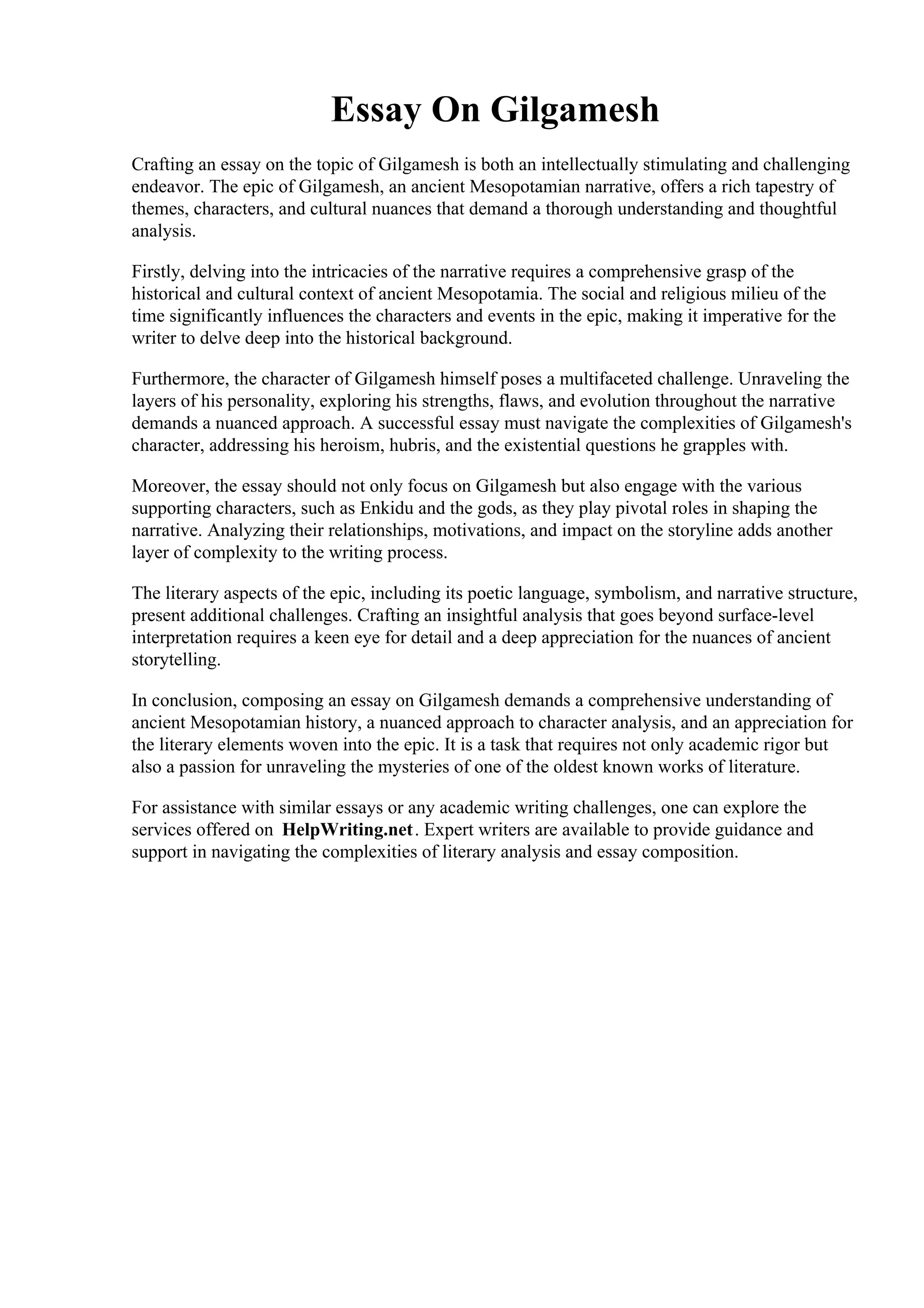 Essay On Gilgamesh. Gilgamesh Essay Assignment.nov08.doc