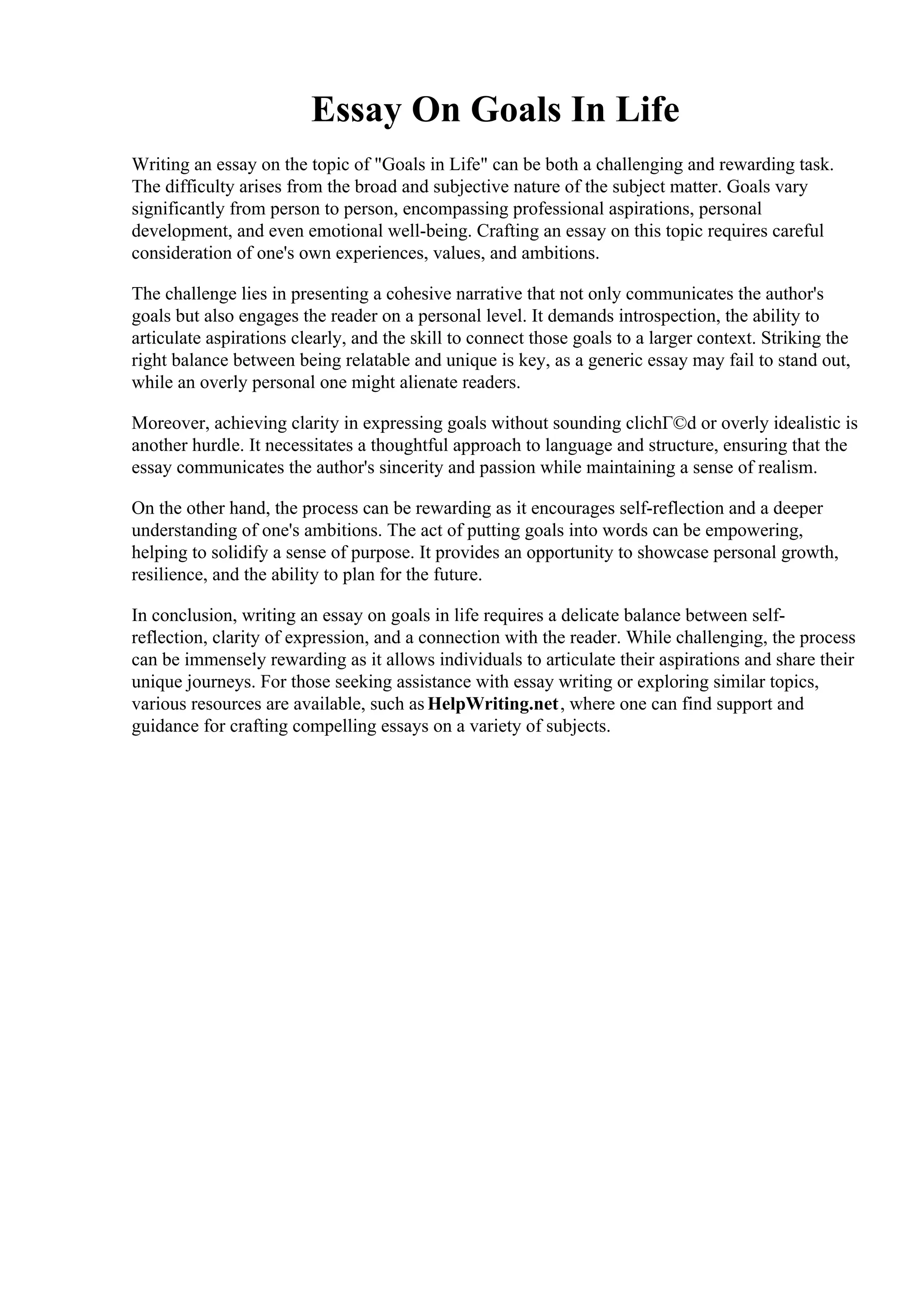 Essay On Goals In Life. Short Essay Samples About My Goals | PDF