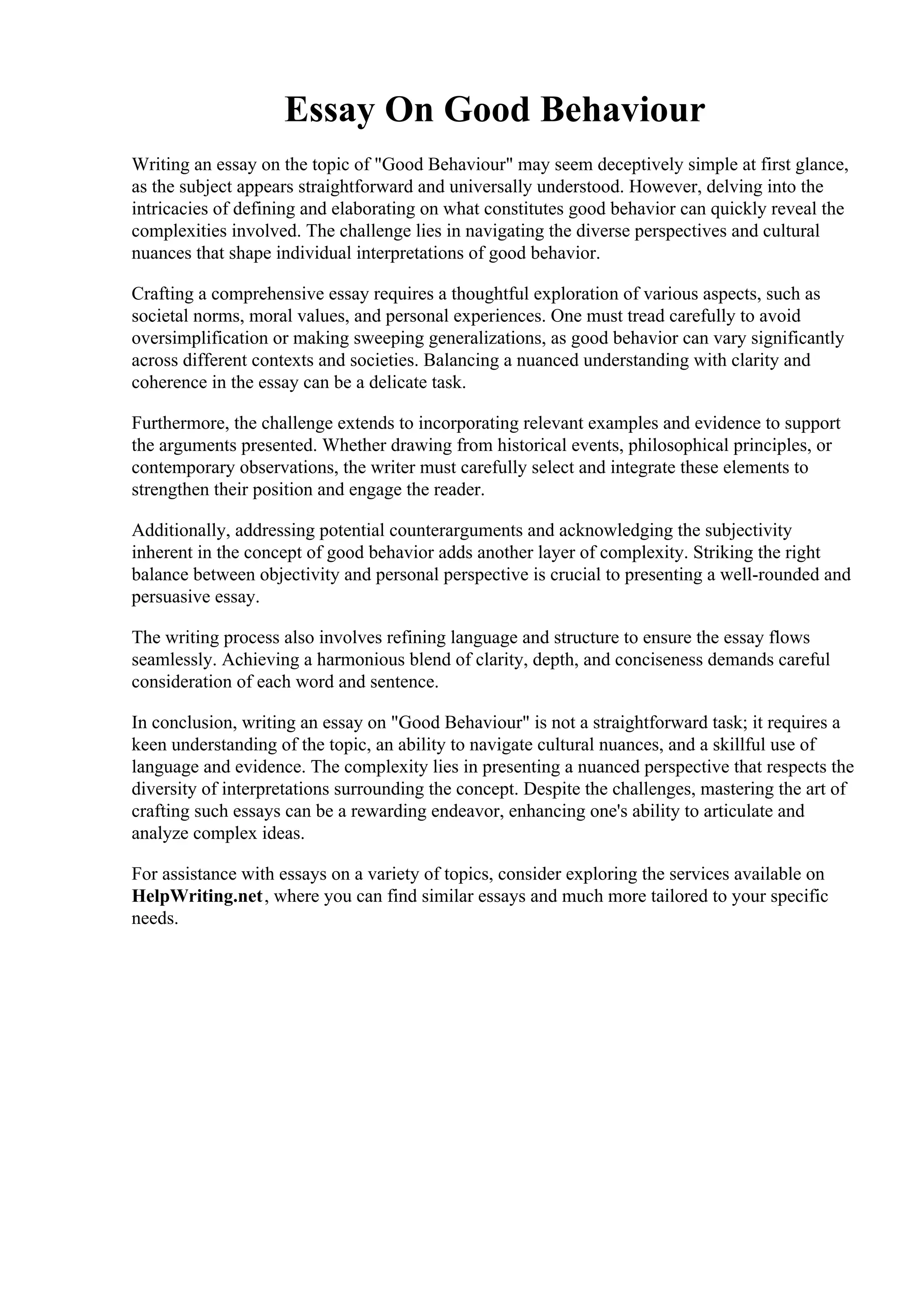 Essay On Good Behaviour. 006 Behavior Essay Help Me Write An On ...
