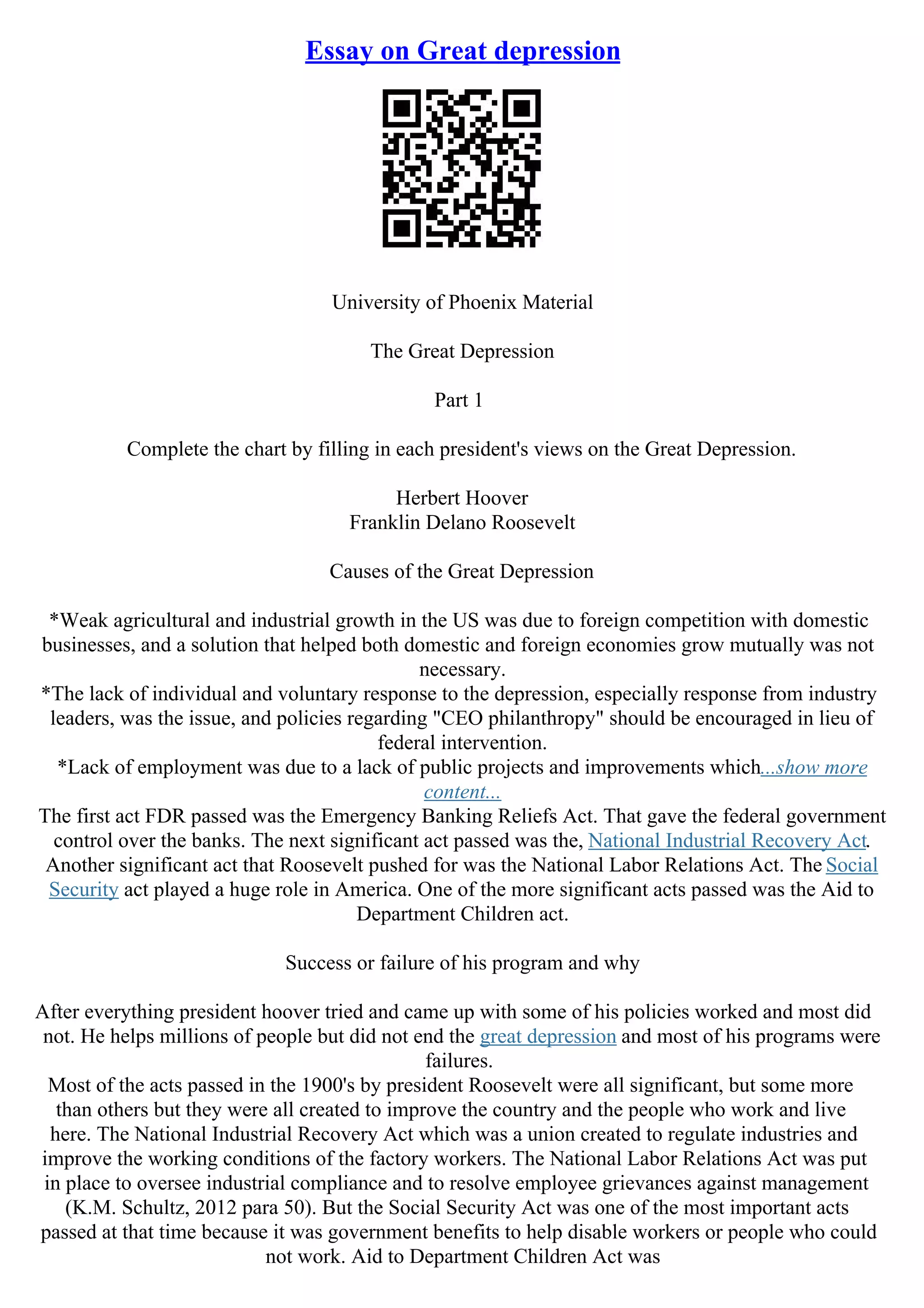Essay On Great Depression | PDF