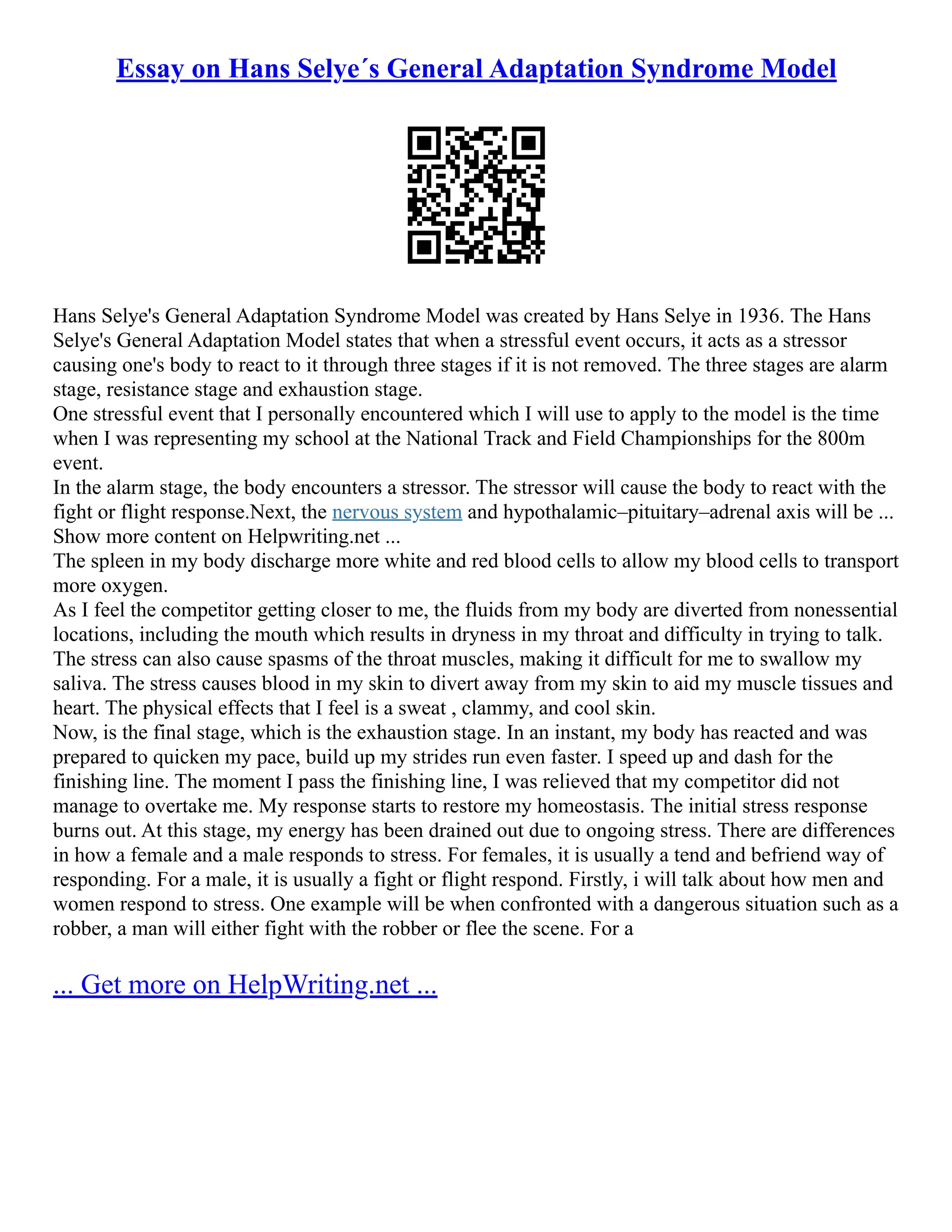 Essay On Hans Selye´S General Adaptation Syndrome Model | PDF