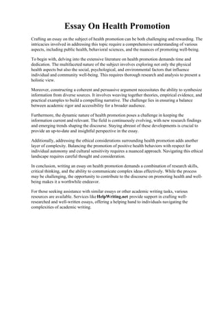 Essay On Health Promotion. Free Proposal Essay Examples: Topics ...