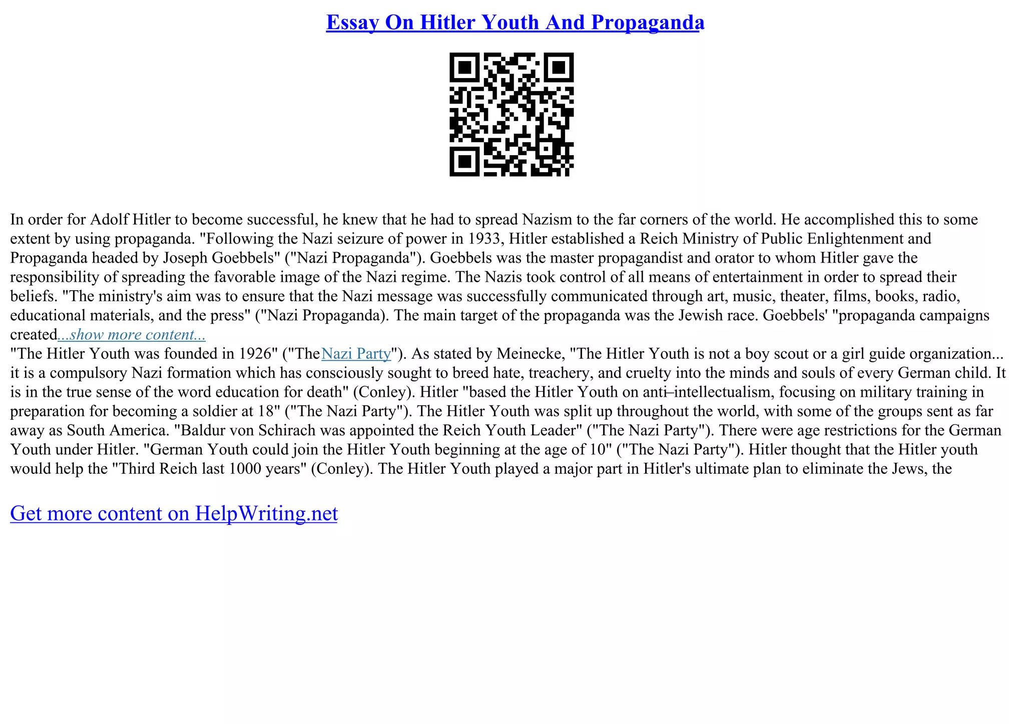 Essay On Hitler Youth And Propaganda | PDF