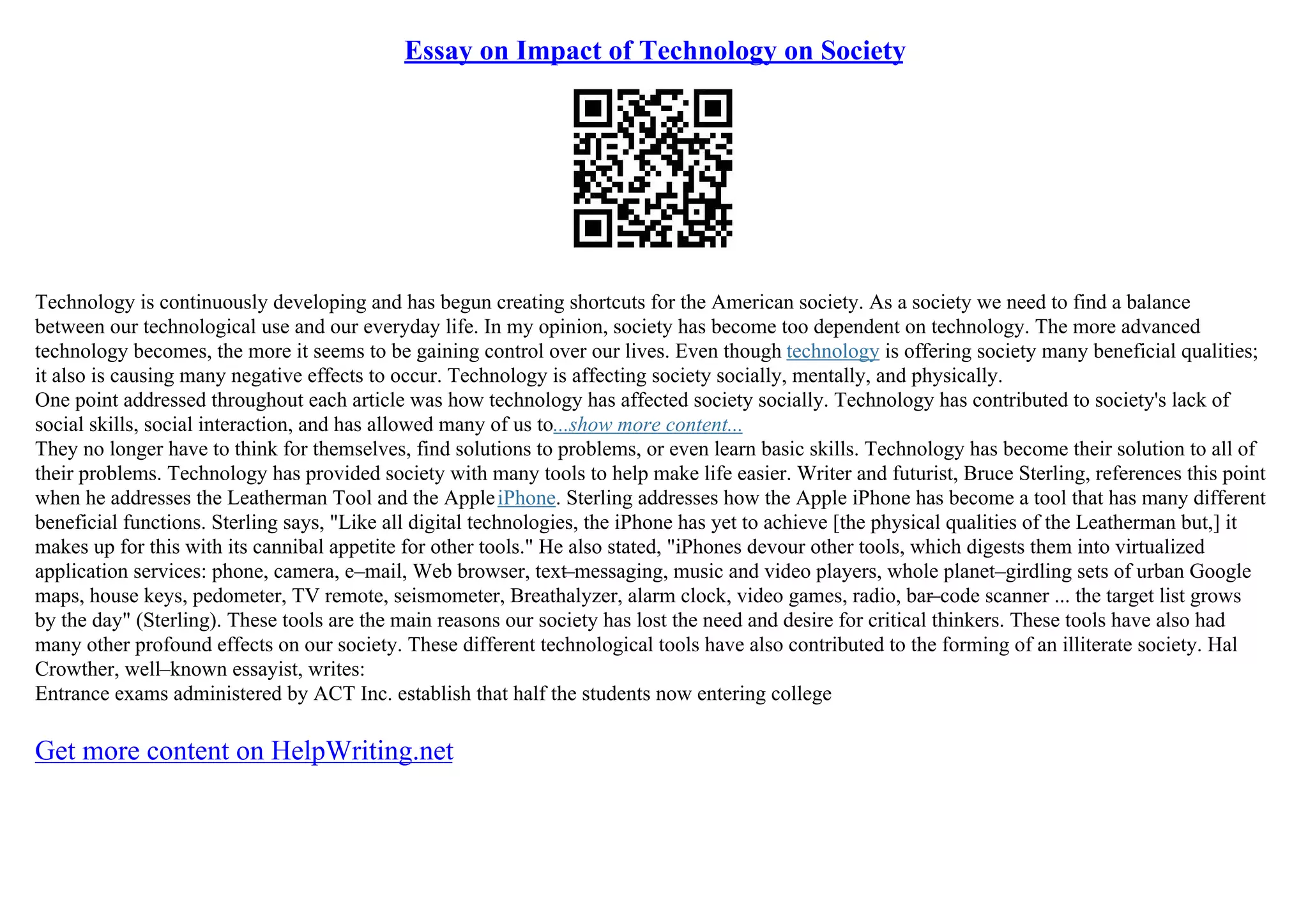Essay On Impact Of Technology On Society | PPT