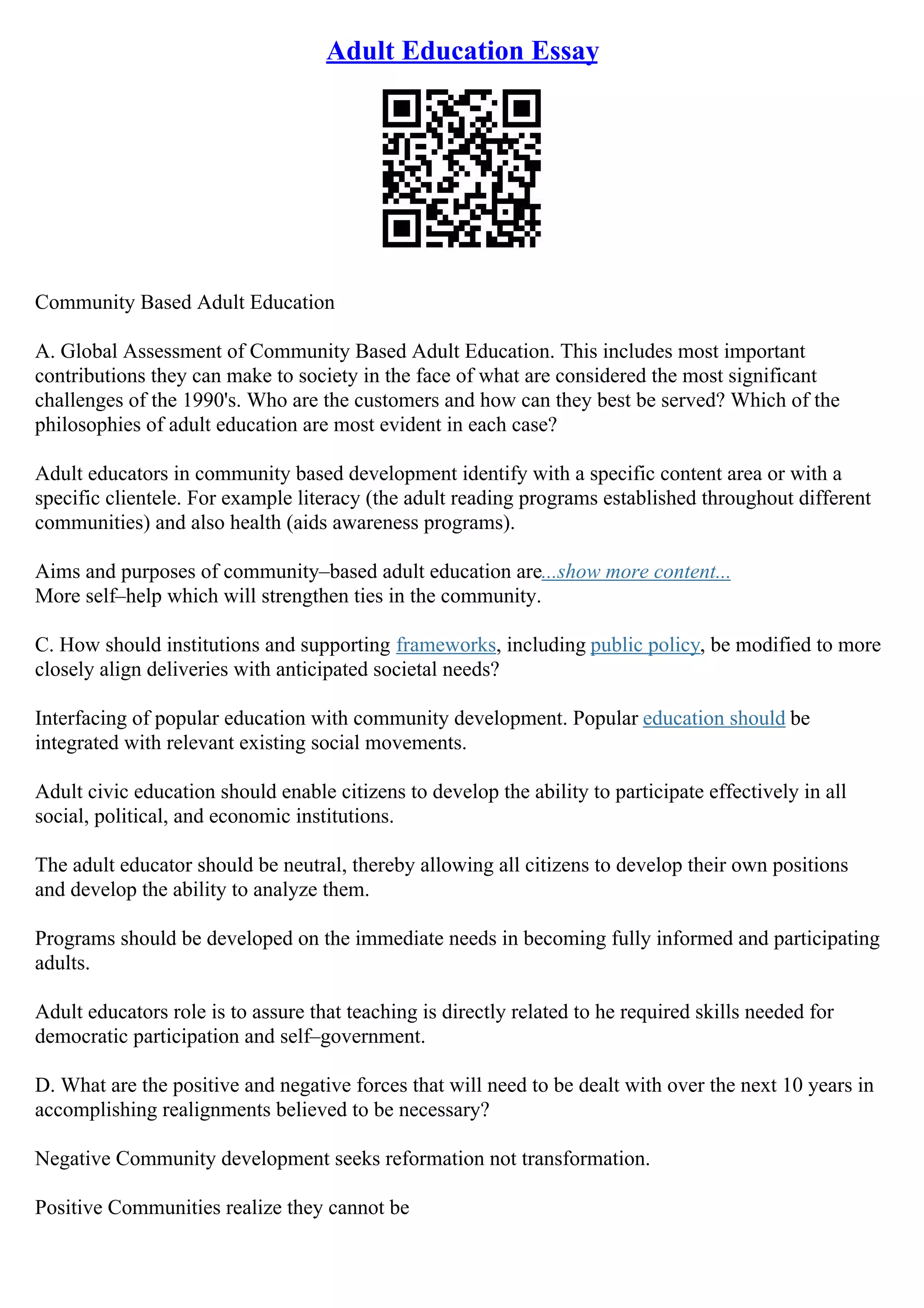 Essay On Importance Of Adult Education | PDF | Adult Education | Education