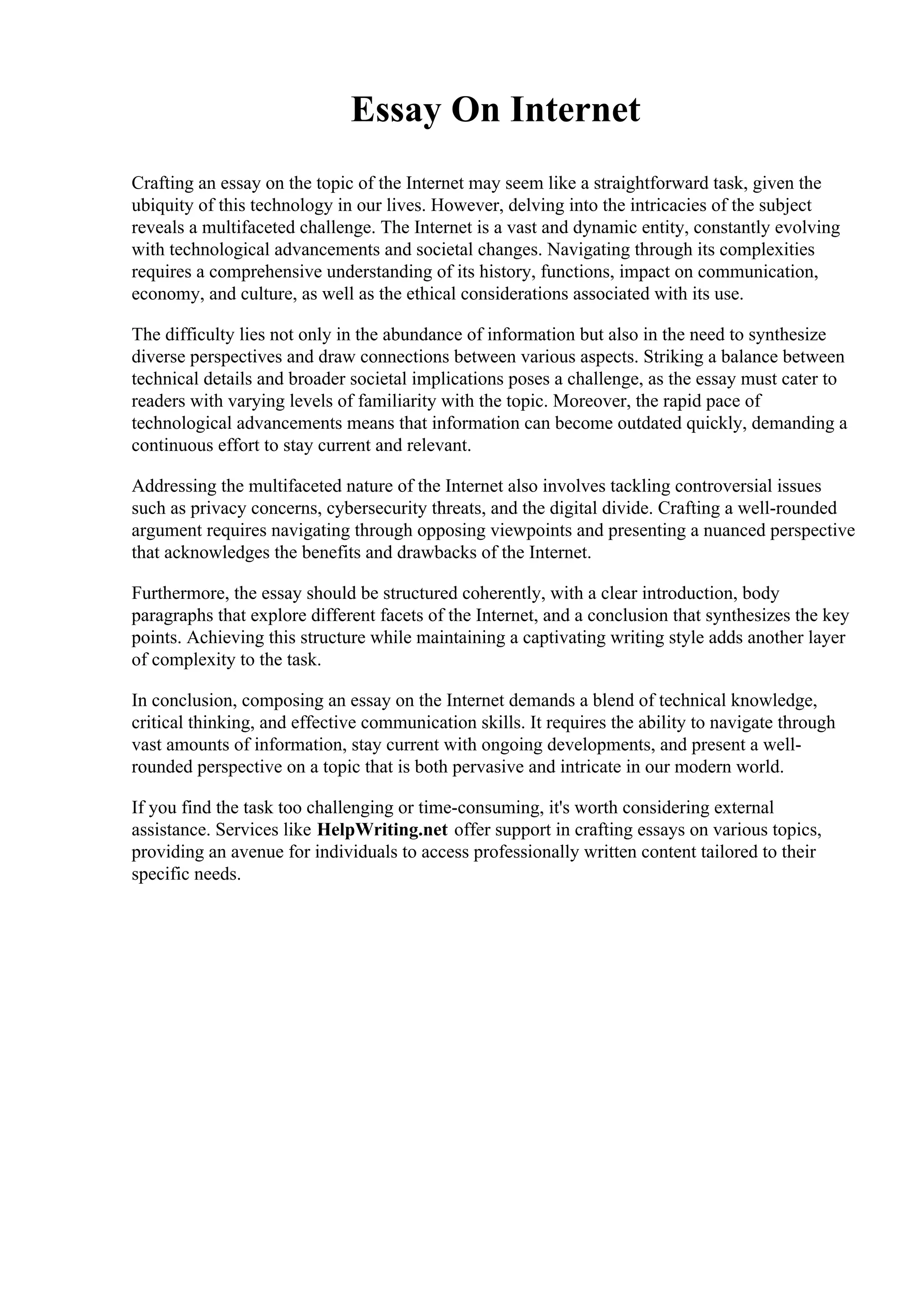 Essay On Internet. Greenville University | PDF